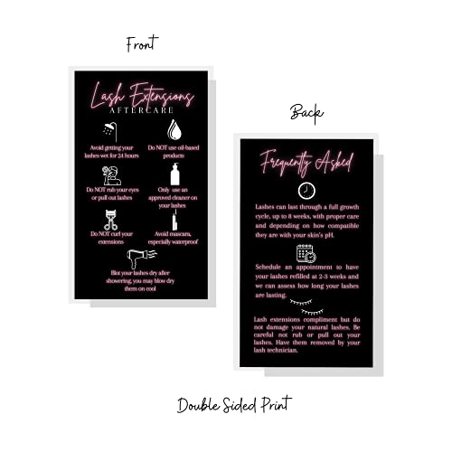 Lash Extension Aftercare Cards | 50 Pack | Eyelash Extension Supplies | 2x3.5" inches Business Card Size | Black with Neon Pink Color Design