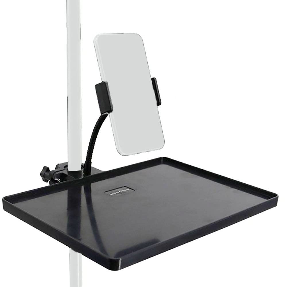Microphone Stand Plastic Tray with Phone Holder, Music Stand Clamp-On Rack Tray Holder for Stage, Live Streaming