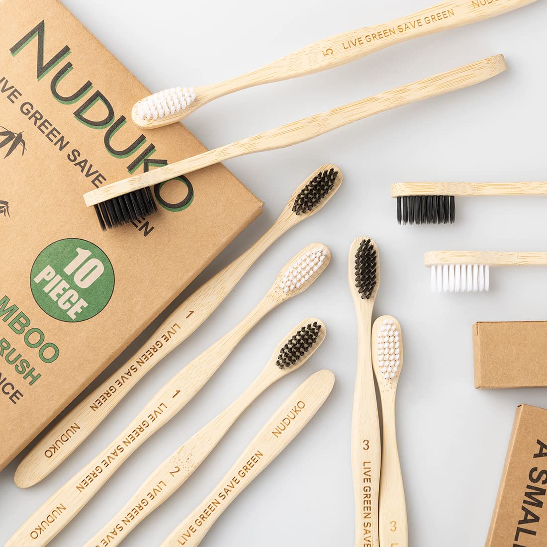NUDUKO Biodegradable Bamboo Toothbrushes, Wooden Toothbrush 10 Pack, Multicolor BPA Free Soft Bristles Tooth Brush, Eco-Friendly Natural Green and Compostable Tooth Brushes