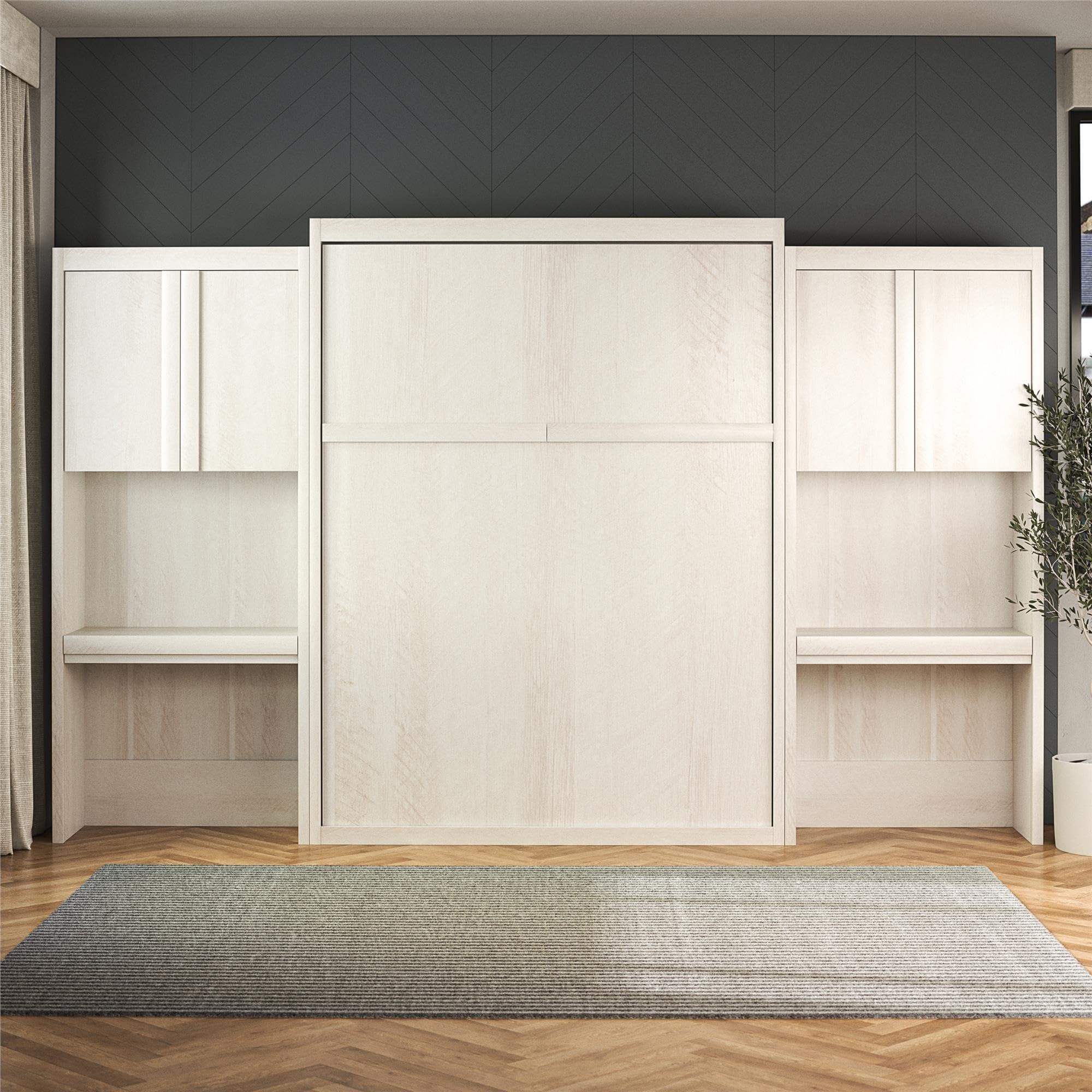 REALROOMS Halstead Multi-Functional Queen Size Fold-Out Murphy Bed with 2 Side Desk Storage Cabinets and Slide-Out Vanity Drawers for Bedroom or Guest Room, Ivory Oak