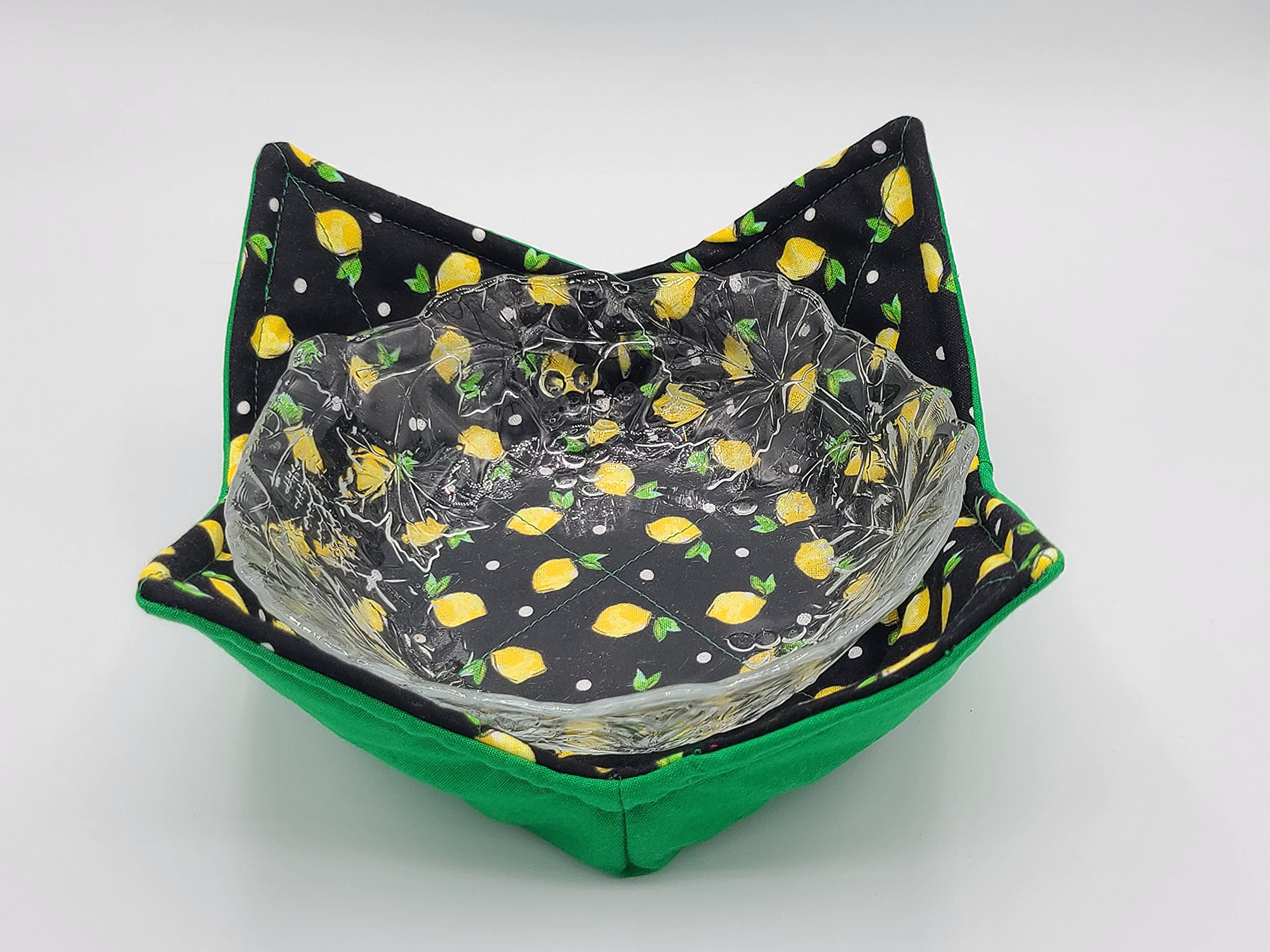 Lemon Polka Dot Microwave Bowl Cozy Vintage Inspired Reversible Microwaveable Potholder Retro Soup Buddy Kitchen Linens 50s Diner Handmade Housewarming Hostess Teacher Gifts Under 10