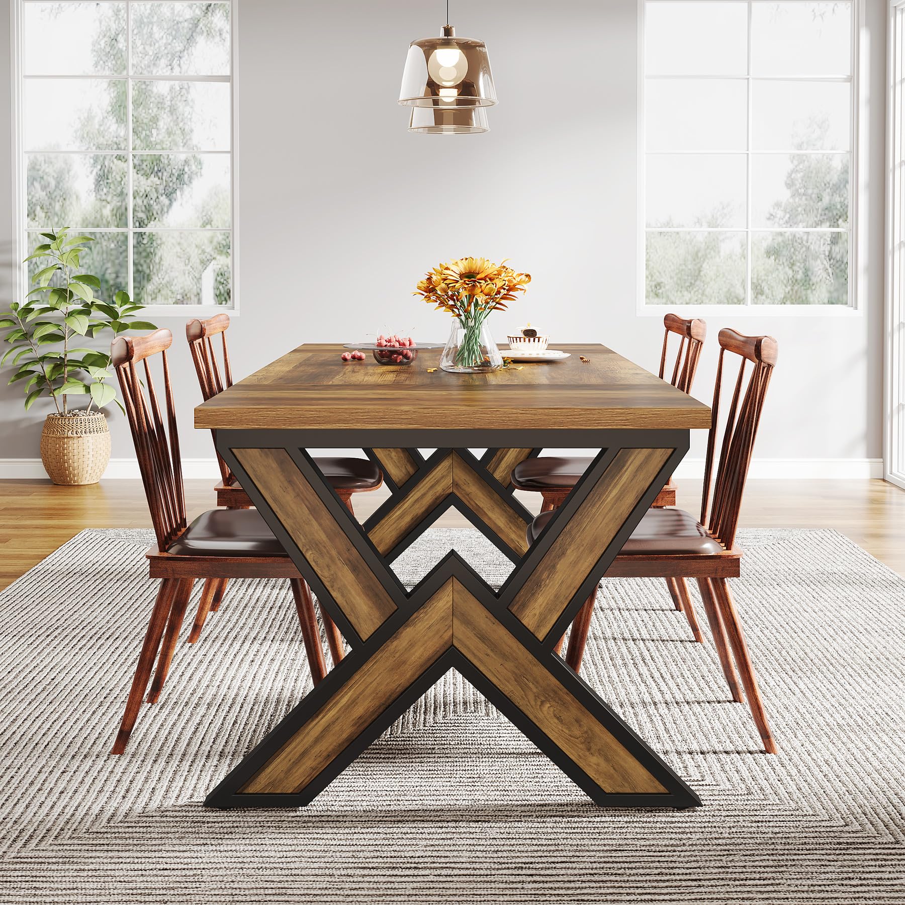 Tribesigns 63" Farmhouse Dining Table for 4-6, Rectangular Kitchen Dinner Table with Unique Legs, Wood Kitchen & Dining Room Furniture, Rustic Brown & Black
