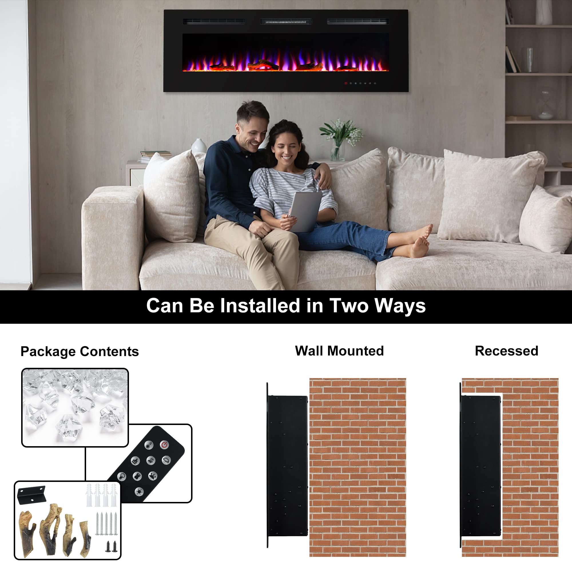 KEGIAN 50" Electric Fireplace, Wall Mounted and Recessed Electric Fireplace Inserts with Remote Control, Adjustable Flame Color, 750w/1500w, Black…