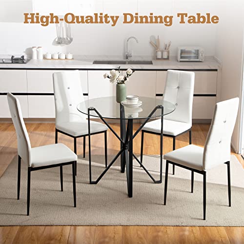WISOICE Dining Table Round Glass Kitchen Dining Room Table with Tempered Glass Top and Metal Frames, Modern Circle Dinner Table for Small Spaces Living Room