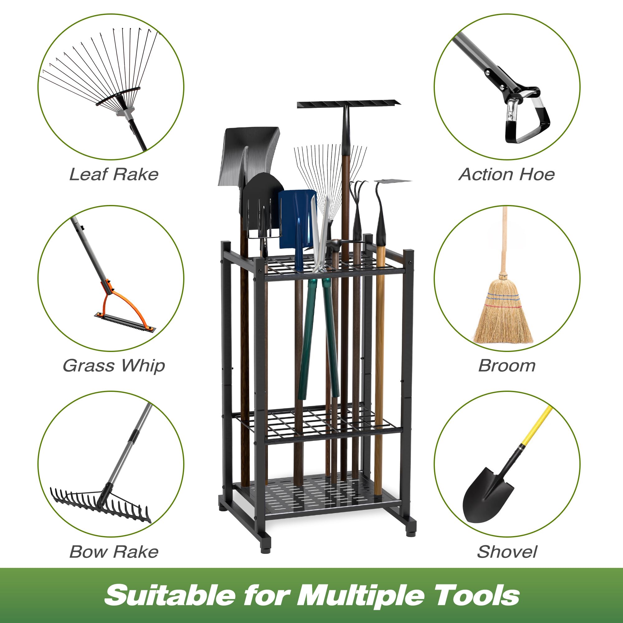 Sttoraboks Garden Tool Organizer, Yard Tool Tower Rack for Garage Organization and Storage, Up to 35 Long-Handled Tools/Rakes/Brooms, Heavy Duty Steel Garden Tool Stand for Shed, Outdoor, Black
