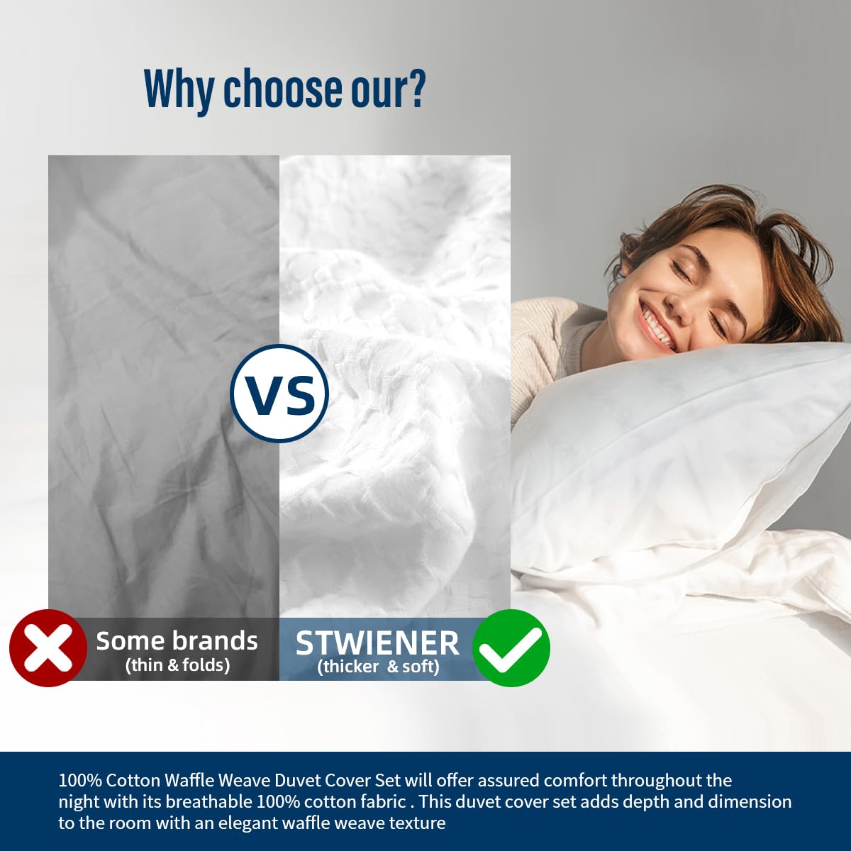 STWIENER 100% Cotton Waffle Weave Duvet Cover Set King Size - Comforter Covers Soft Textured Bedding Sets for All Season - 3 Pieces Includes 1 Duvet Cover with and 2 Pillow Shams(White, 104"x90")