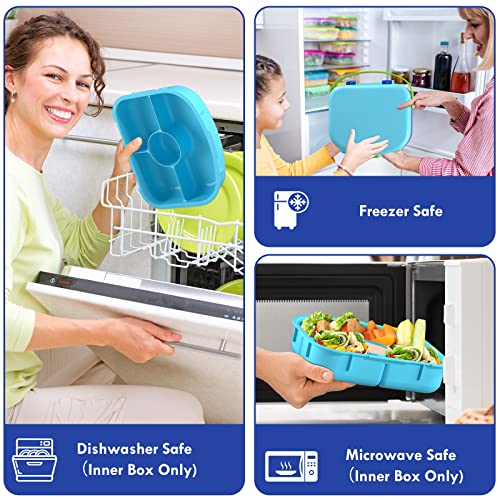 Lehoo Castle Bento Lunch Box for Kids, Large Kids Lunch Box with Cutlery&4 Compartments&Silicone Handle, Leak-proof Portable 1.3L Lunchbox Bento for Kids BPA-free Easy Opened (Blue)