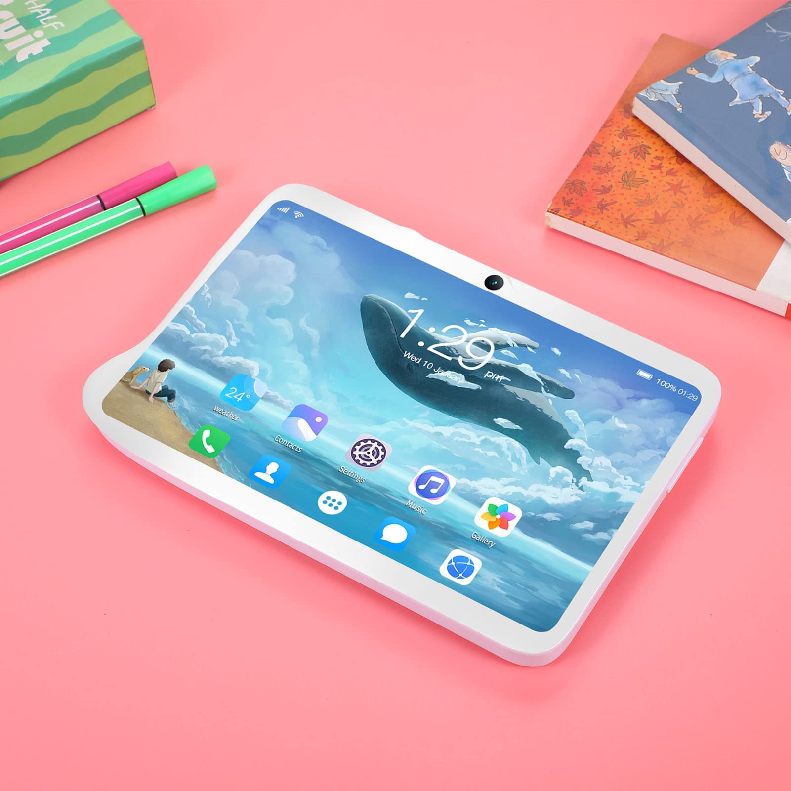 PUSOKEI 7in Kids Tablet for Android 10,MT6592 8 Core,2.4G/5G WiF,4GB 32GB Memory,1960x1080 IPS,5MP Front 8MP Rear Tablet with Case & Bracket,5000mah,US Plug(White)