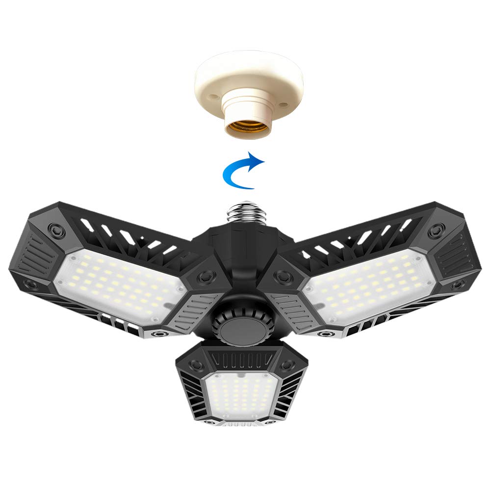 huolaihuowang LED Garage Lights, 80W 270° Deformable Garage Ceiling Light 8000LM 6000K E26 Basement Lights with 3 Adjustable LED Panels Fits for Garage, Warehouse, Barn, Workshop and Yard…