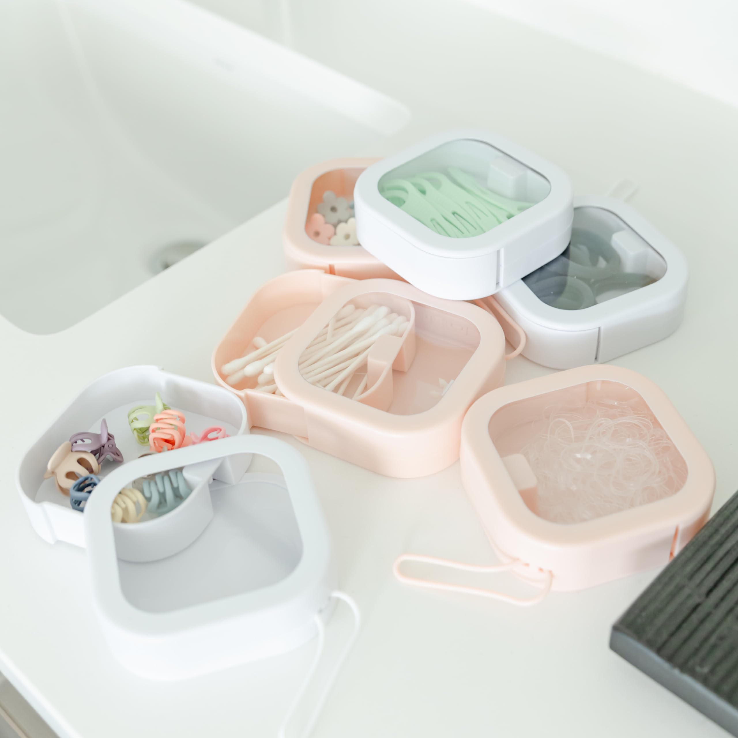 StyleStash 6 Pack Portable Hair Tie Organizer Box Set with Sticker Labels - Small Stackable Containers Make a Great Bobby Pin Holder, Cotton Swab Container, Travel Jewelry Storage Dispenser