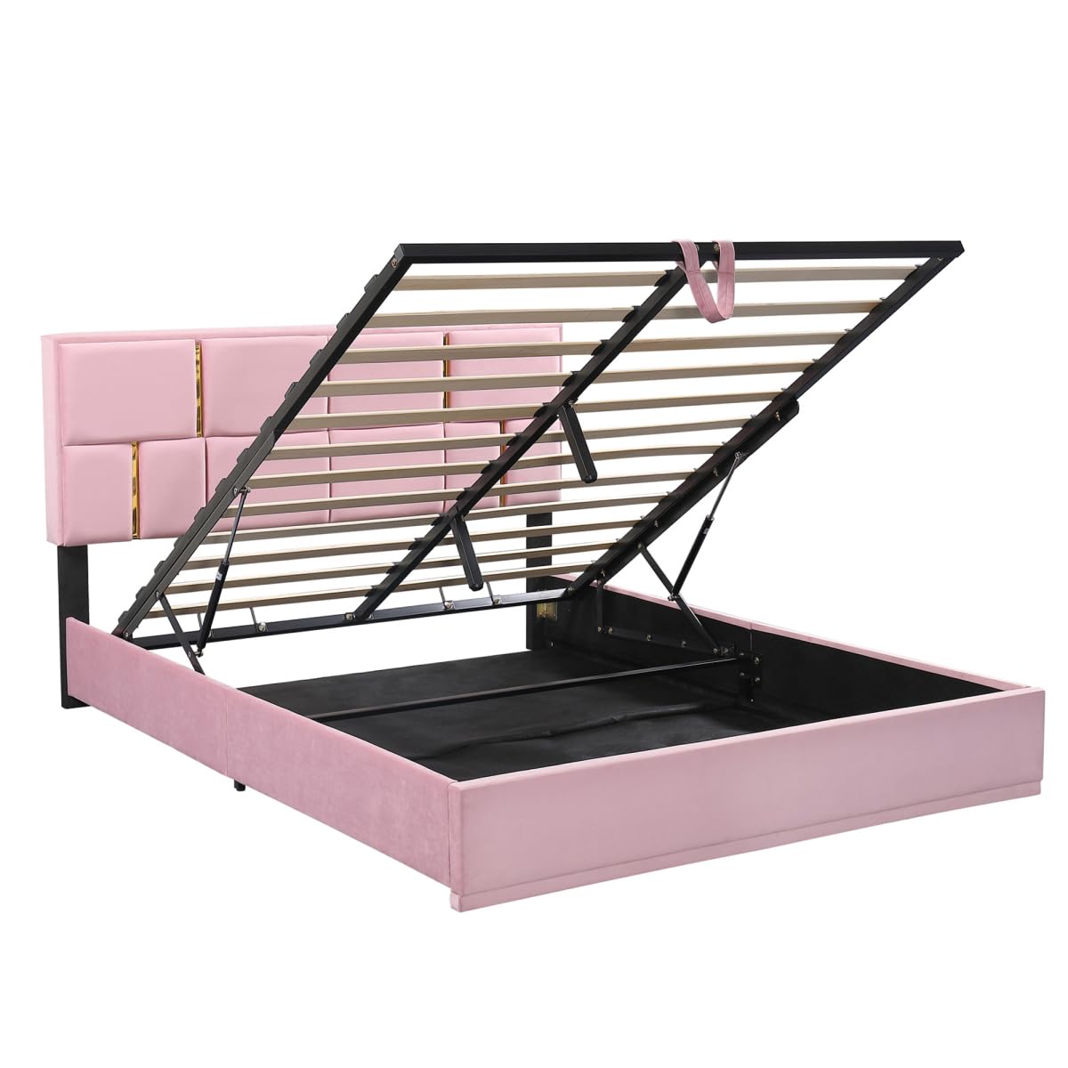 HoRunzelin Queen Size Platform Bed with Hydraulic Storage System, Upholstered Velvet Lift Up Bed with Headboard, No Box Spring Needed, Pink