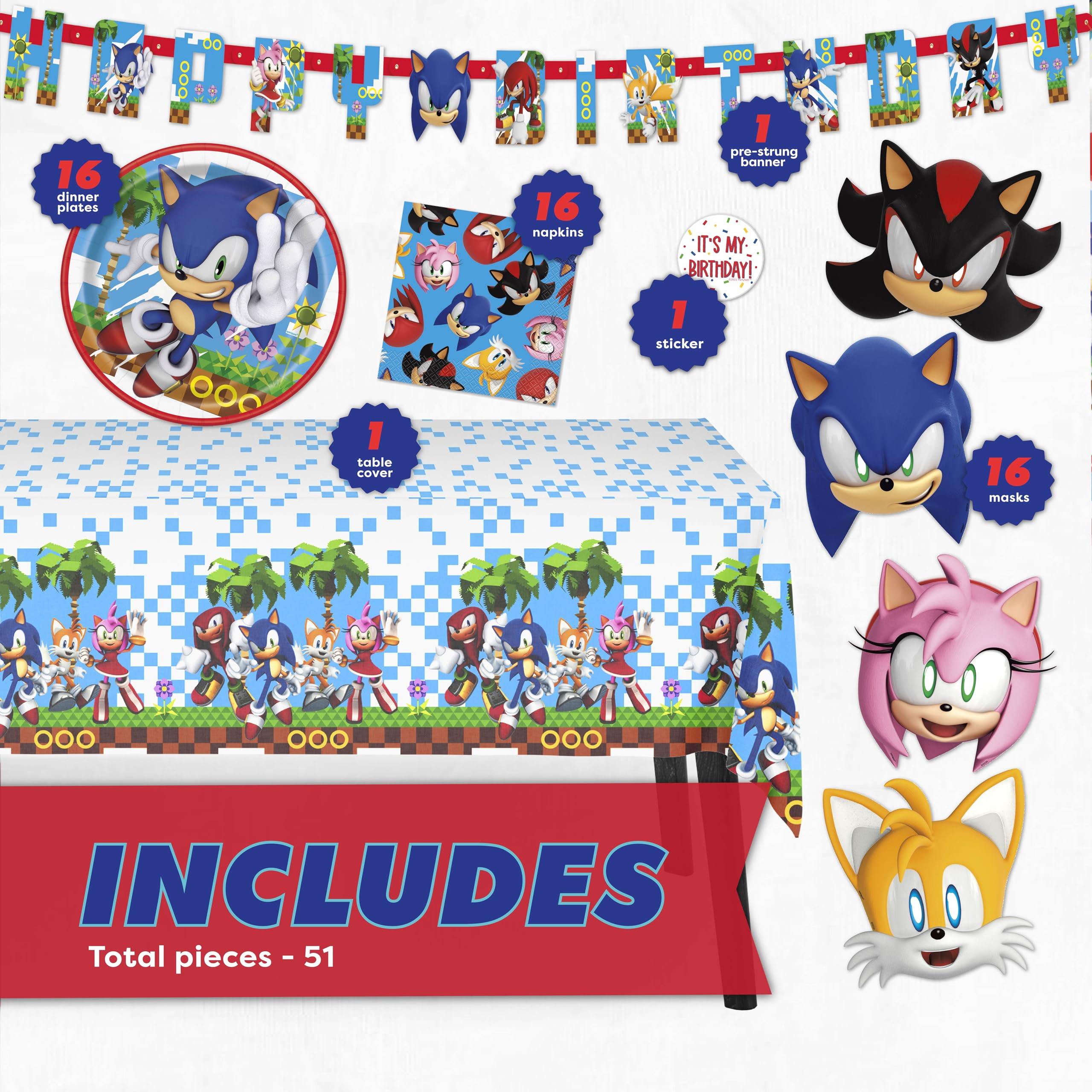Sonic Birthday Party Decorations for 16 | Banner, Sonic Tablecloth, Sonic Plates and Napkins, Masks, Sticker | Sonic Party Decorations | Officially Licensed
