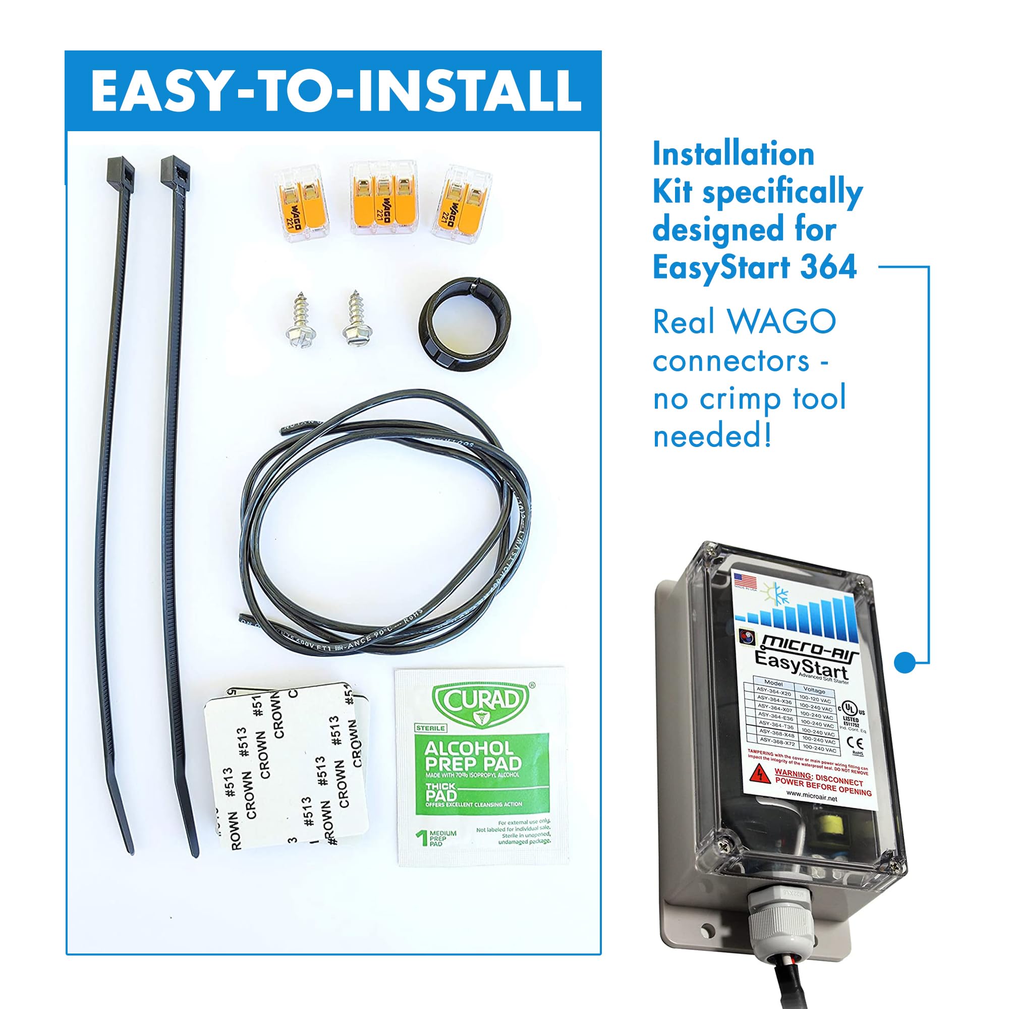 Hutch Mountain MicroAir Easy Start 364 Installation Kit - Snap Bushing, Zip Ties, Alcohol Wipes, Adhesive Pads, WAGO connectors, & Screws - Unleash The Potential of Your RV Air Conditioner Soft Start