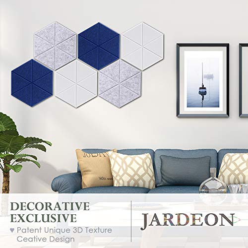 Jardeon Hexagon 3D Textured Acoustic Panels Silver Grey Sound Proof Padding Decorative Wall Tiles, Line Carving Exclusive Design, 14'' X 13'' X 0.4'', 6 Pack