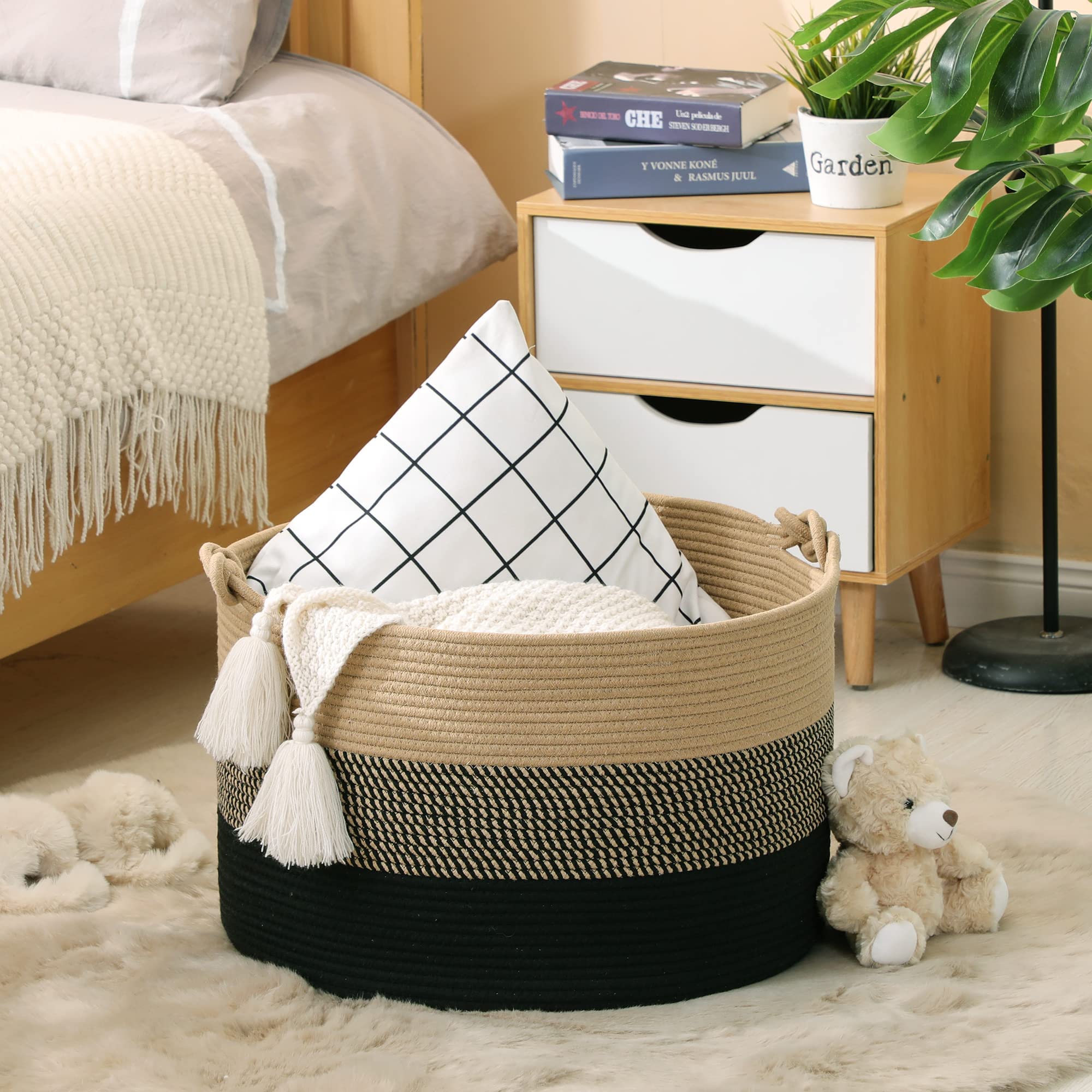 KAKAMAY Large Cotton Rope Blanket Basket (20"x13"),Woven Baby Laundry Hamper,Blanket Basket for Nursery, Laundry, Living Room, Pillows, Toys Dotted Pattern(White)