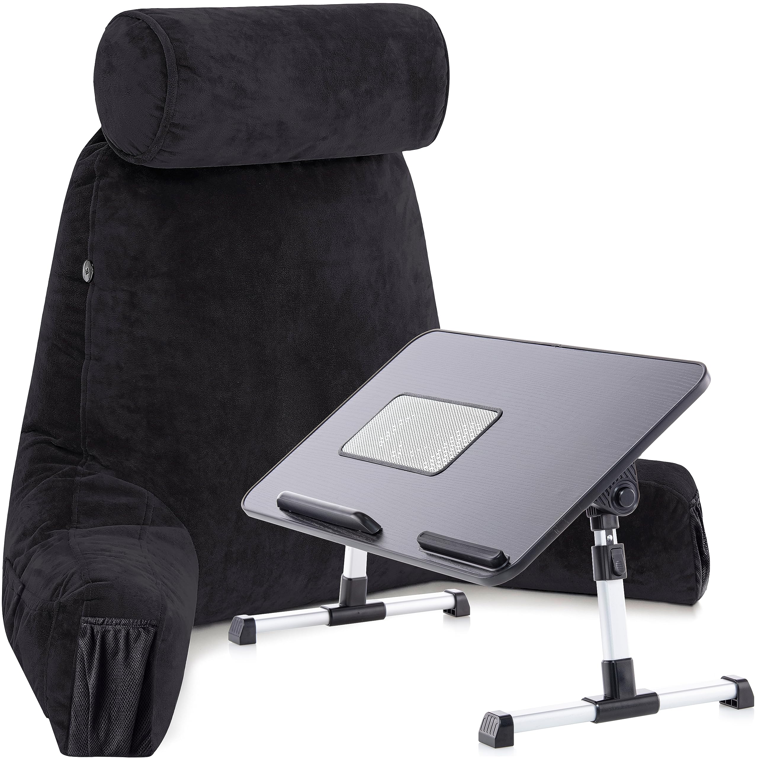 Husband Pillow Combo - Backrest Pillow with Arms : Medium Black & Lap Desk Bed Tray : Black - Memory Foam Reading Pillows for Bed w/Removable Neck Roll & Laptop Bed Tray Table