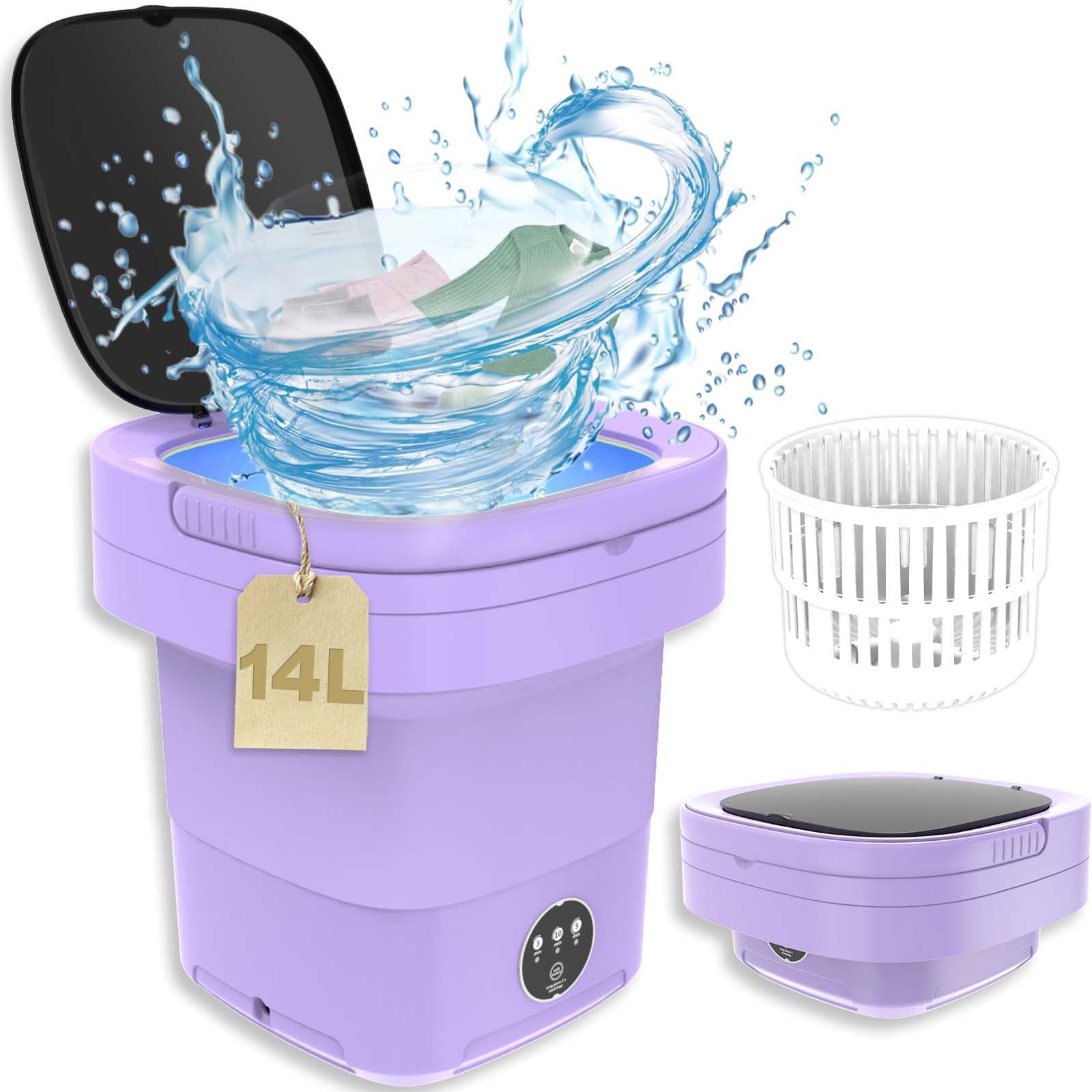 Portable Washing Machine, 14L Upgraded Mini Foldable Washer with Drain Basket Washer, 2 in 1 Intelligent Laundry Machine for Baby Clothes, Underwear, Apartment, Camping, Travel (Purple)