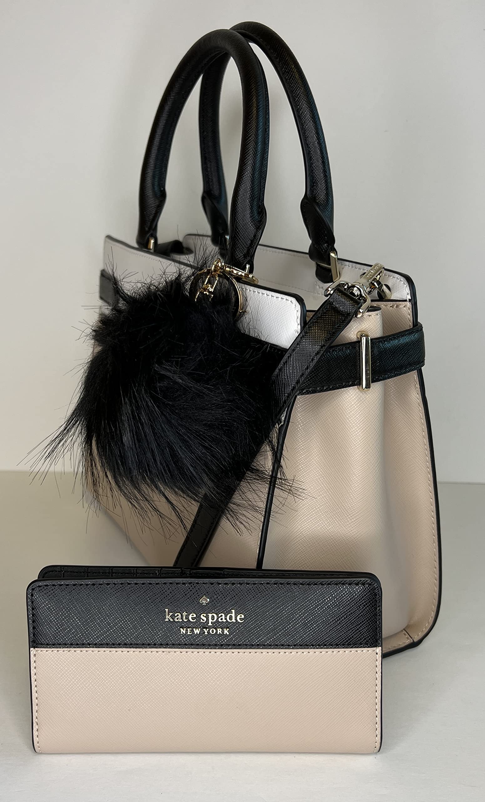 Kate Spade New York Staci MD Satchel bundled with matching Slim Bifold Wallet and Fur Pom (Warm Beige)