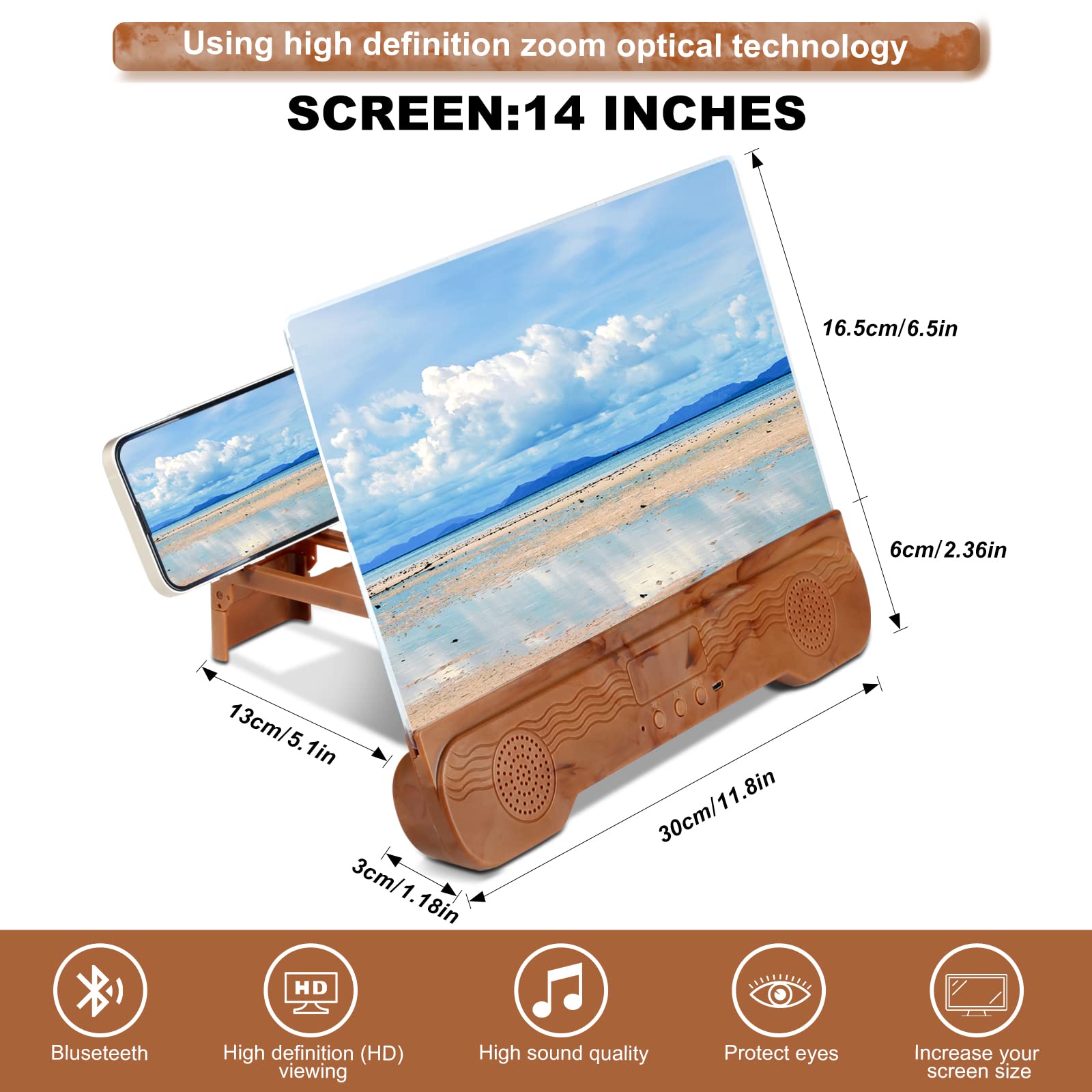 HSRBO 14" Cell Phone Screen Magnifier with Wireless Speaker Foldable Phone Stand with HD Screen Amplifier for Movies,Videos,Reading,Gaming,Compatible with All Smartphones (Wood Color)