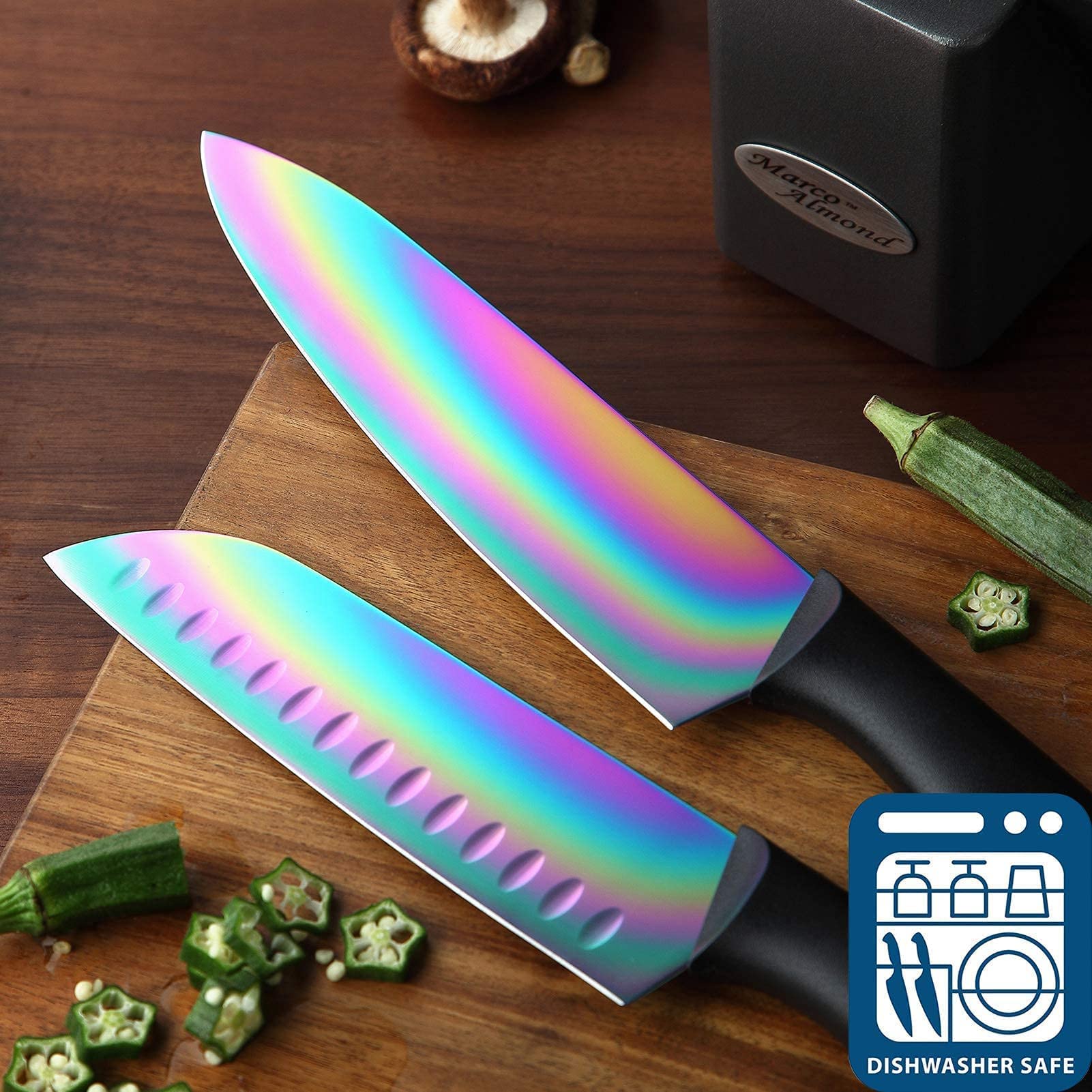 KYA35 14 PCS Rainbow Titanium Coating Cutlery Knives Block Set + KYA52B 7 PCS Stainless Steel Cooking Utensils Sets with Titanium Plated