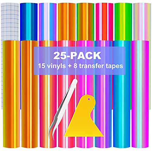 Holographic Vinyl Permanent Adhesive, 15 Sheets 12 x 10 inchs Opal Craft Adhesive Vinyl Sheets with 8 Sheets Transfer Paper 2 Weeding Tools for Home Decor, Logo, Letters,Car Exteriors,Glass Mirrors
