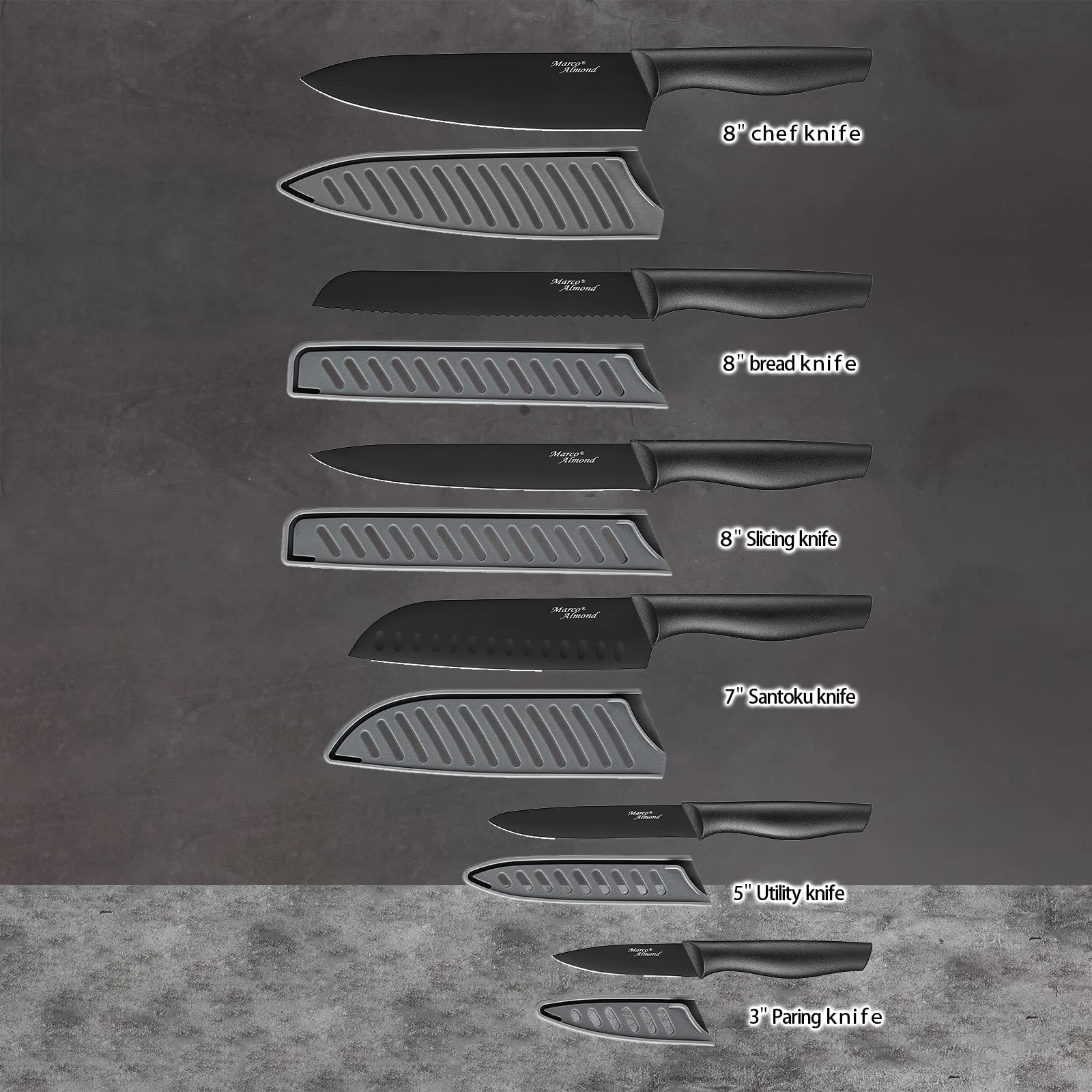 Marco Almond KYA38 Kitchen Knife Sets + KYA59 Titanium Coated Stainless Steel Long Handle Spoons