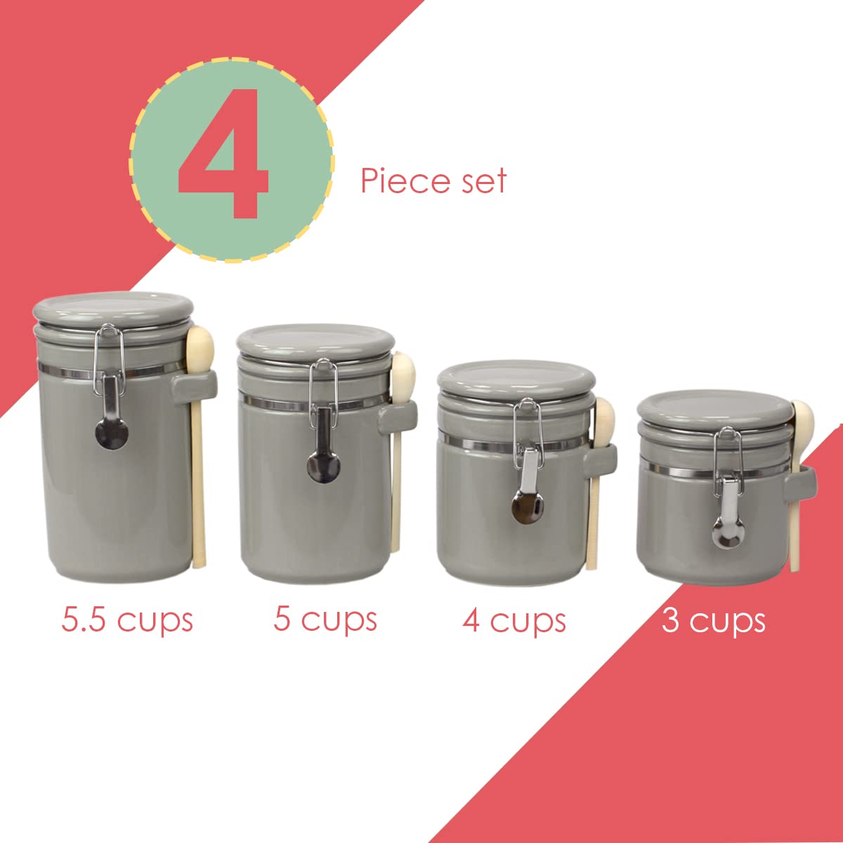 Home Basics Canister Sets For The Kitchen (4 Piece Set) Grey, High Gloss Ceramic Decorative Kitchen Set | With Wooden Spoons, Countertop Set For Flour, Sugar, Coffee, and Snacks
