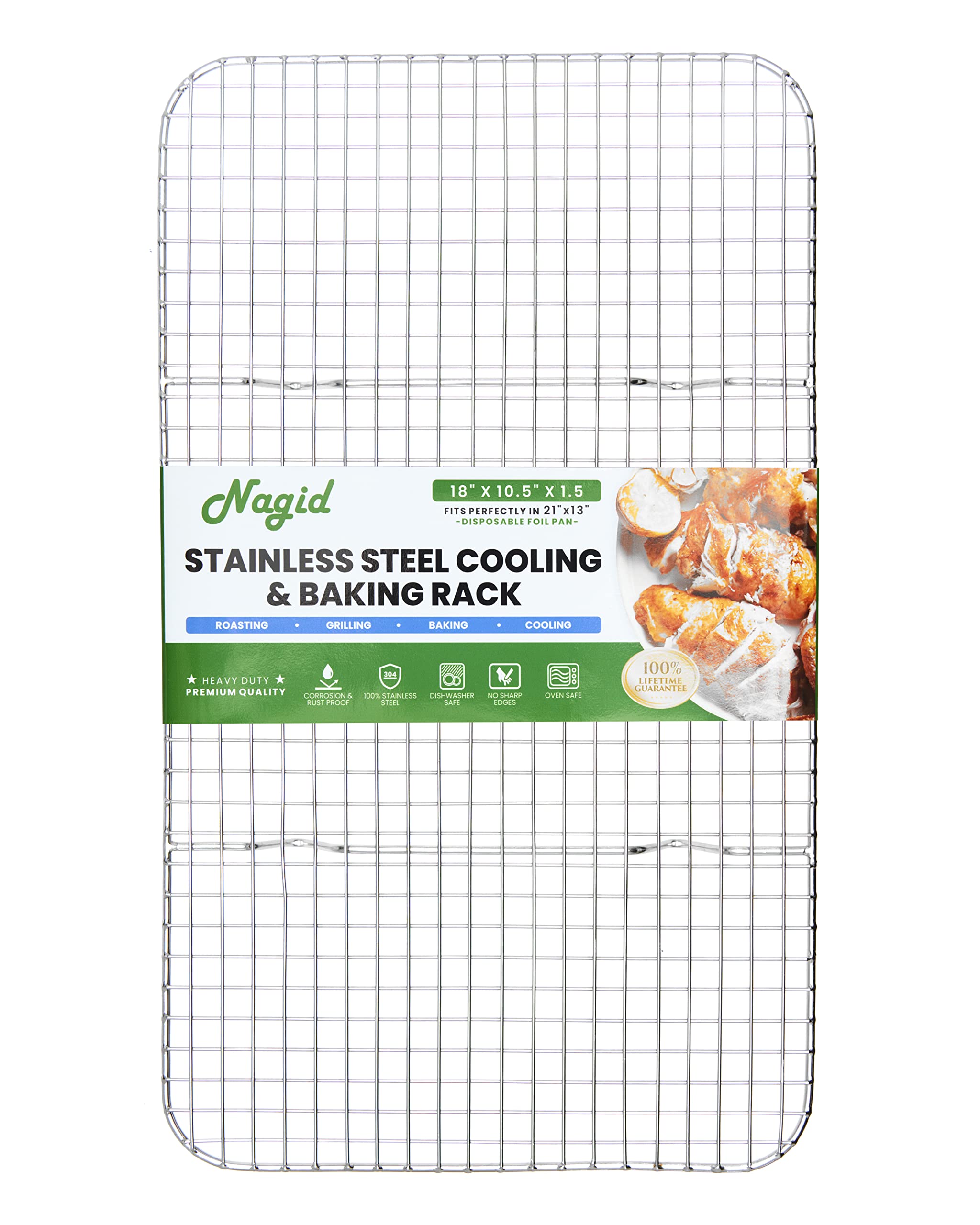 Nagid 100% Stainless Steel Rack - Fits Standard 21â x 13â Disposable Aluminum Pan â Size 18â x 10.5â x 1.5â - Great for Steaming - Cooling â Baking â Roasting - Grilling