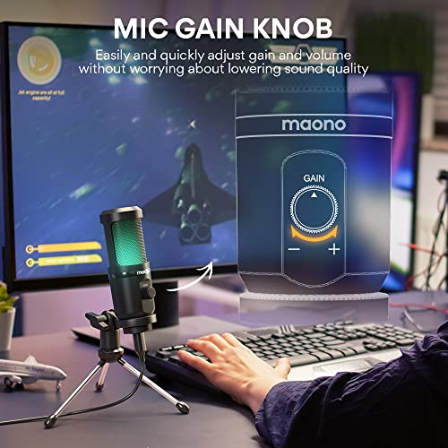 MAONO USB Gaming Microphone for PC, Computer Condenser Mic with Gain Knob, RGB Light, Tripod Stand for Recording, Podcasting, Streaming, Compatible with PS5 PS4 Mac Laptop Desktop (PM461TR RGB)