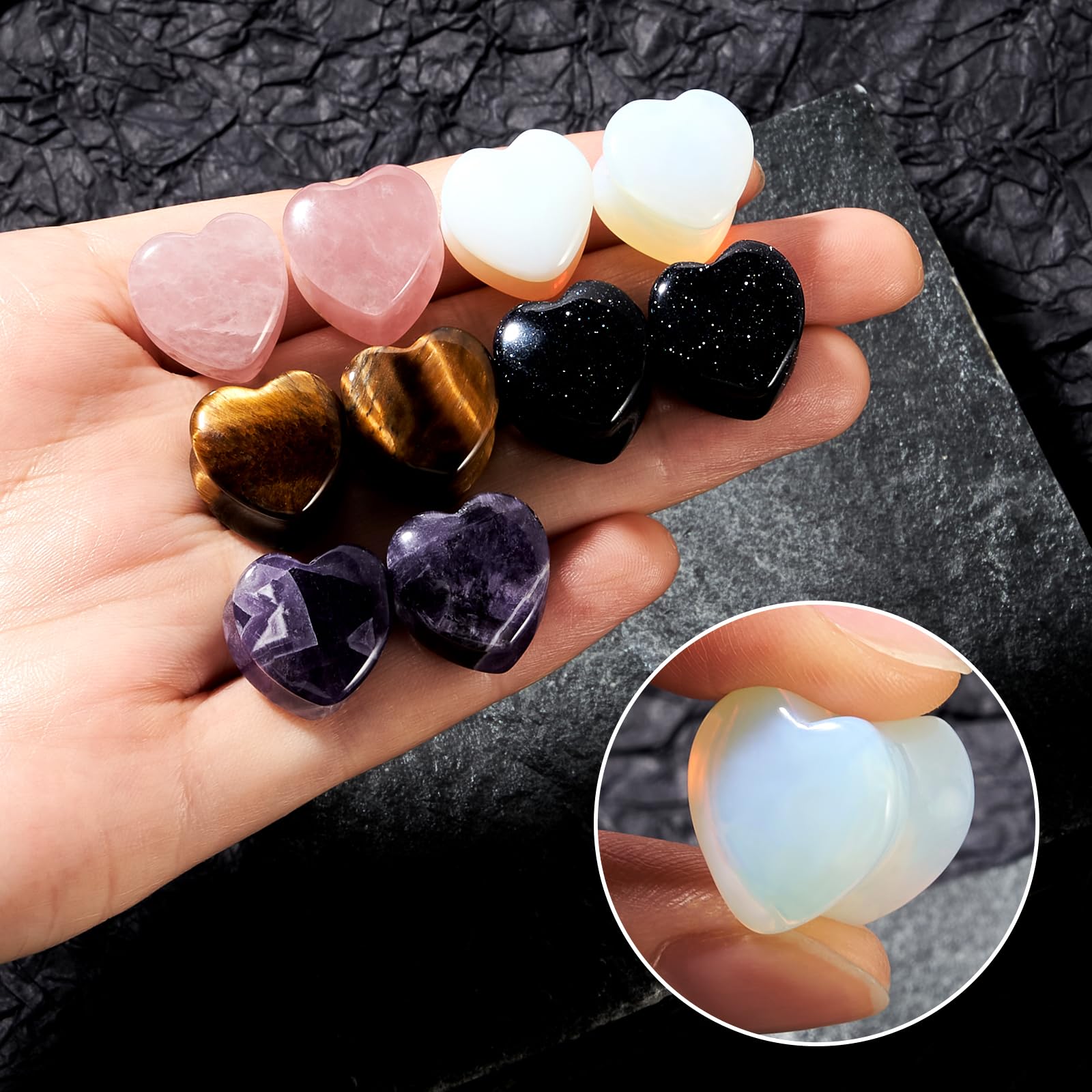 JOYTOYOU 10Pcs Stone Ear Plugs kit Heart Shape Ear Gauges Tunnels Set Double Saddle Ear Expander Stretching Multiple Colors Body Piercing Jewelry for Women Men 2G-5/8β