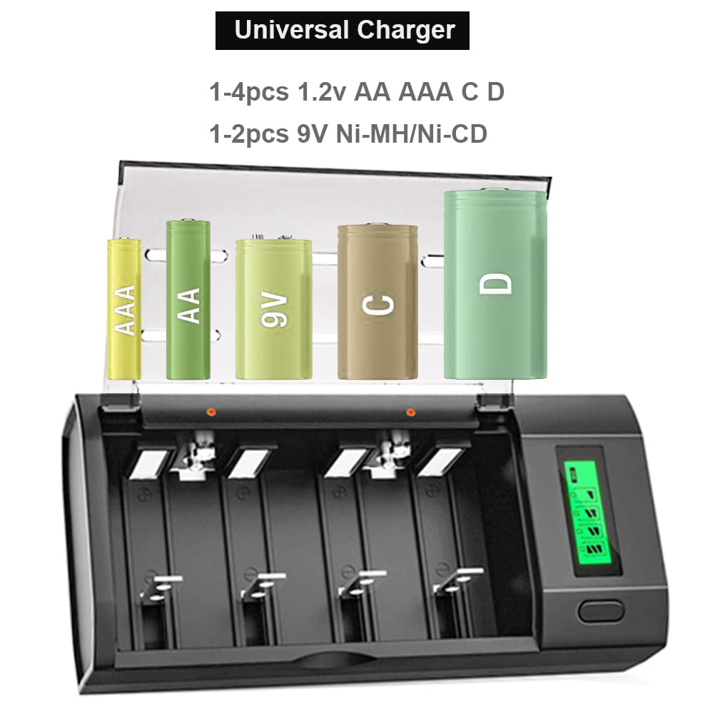 Palowextra Premium Rechargeable C Cell Batteries with Charger, 6 Pack 1.2v NiMH C Size Batteries with Universal Battery Charger for AA AAA 9V D C Rechargeable Batteries (6 Count (C Size)