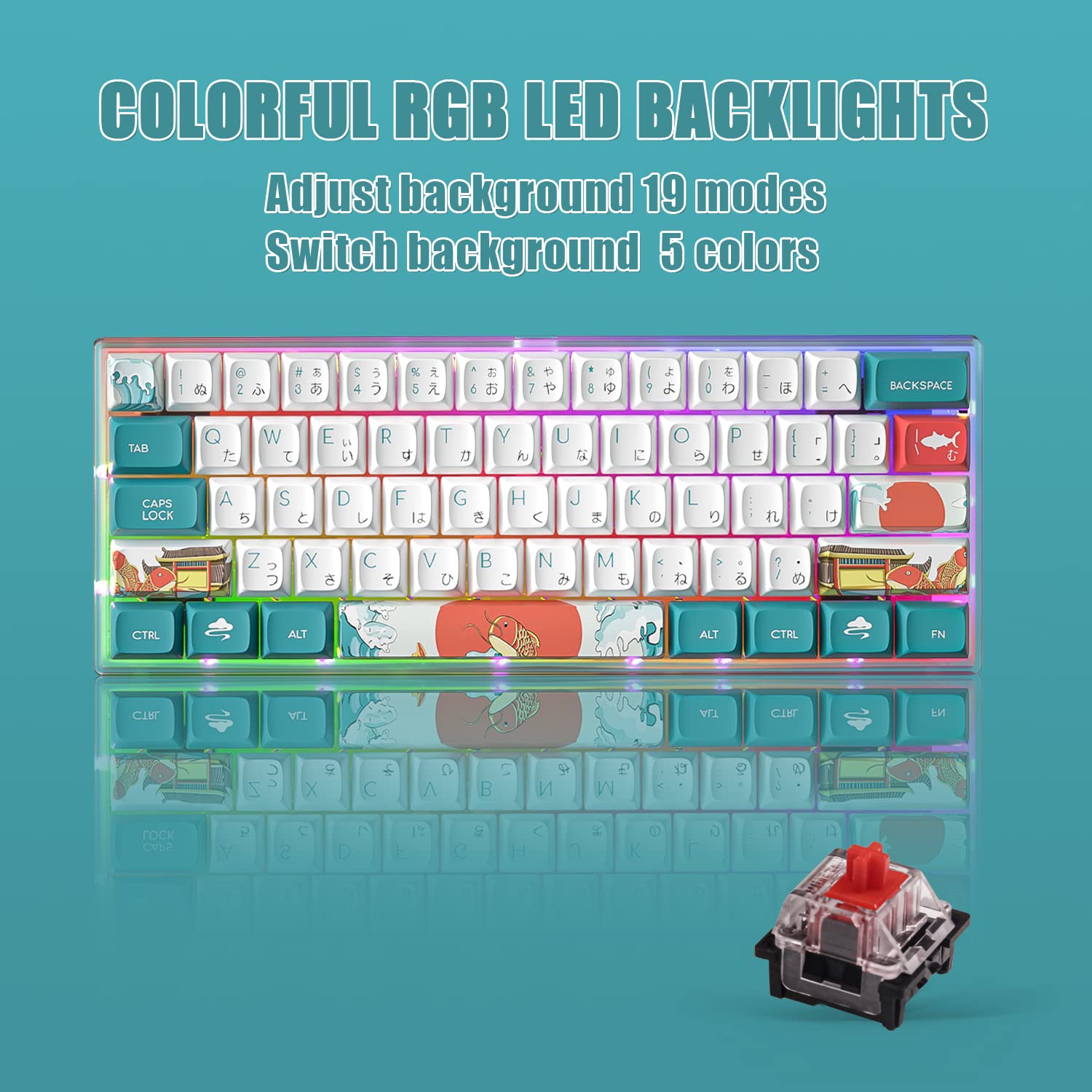 MIHIYIRY 61 Keys Mechanical Gaming Keyboard,Japanese Root Words 60% Compact Hot-Swappable RGB Backlit Keyboard for Win/Mac Gamers (Coral Sea Theme)