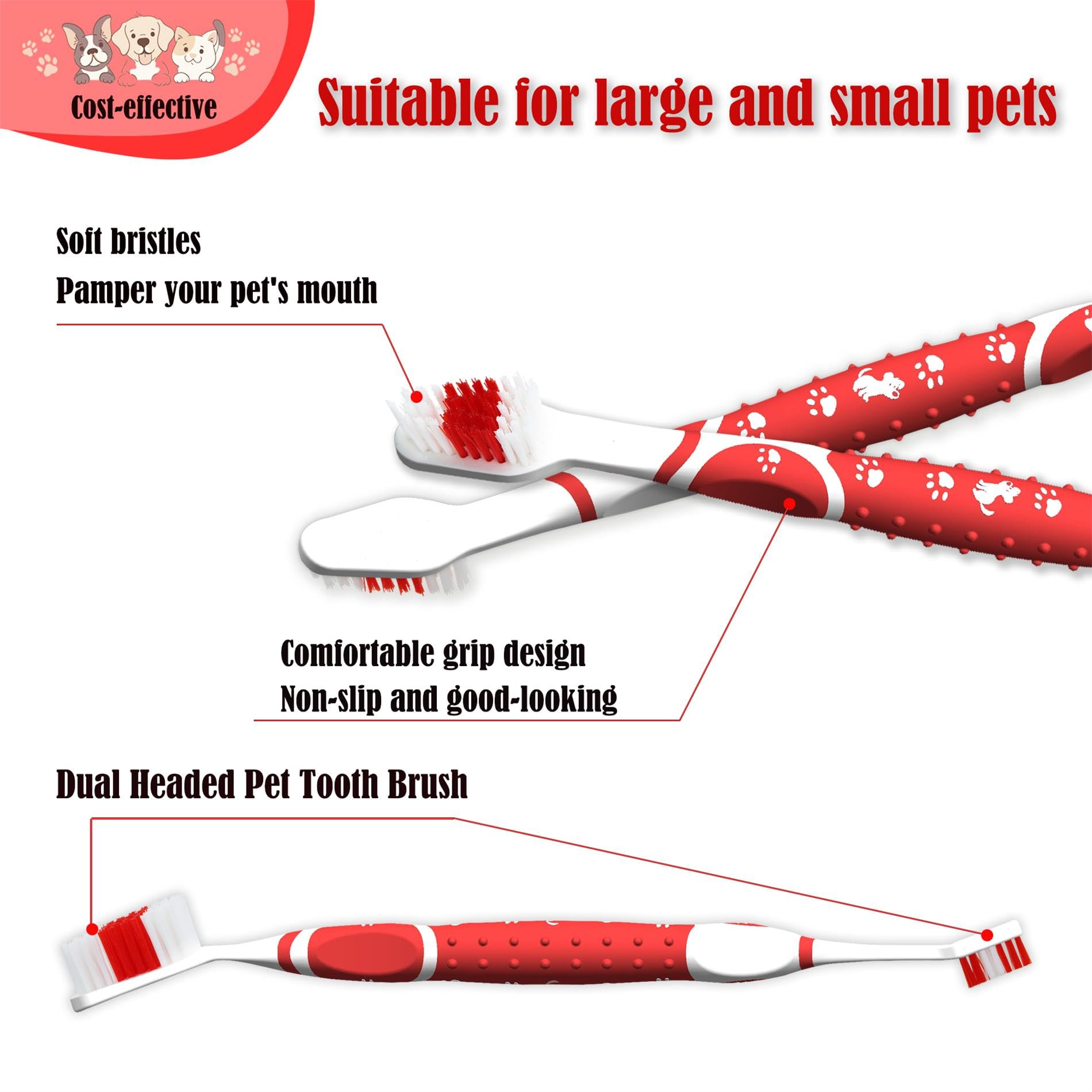 QWloog Magzipo Pet Toothbrush for Dogs,Cats,Soft and Non Slip Dual Head Dog Toothbrush (2 Red+2 Pink)
