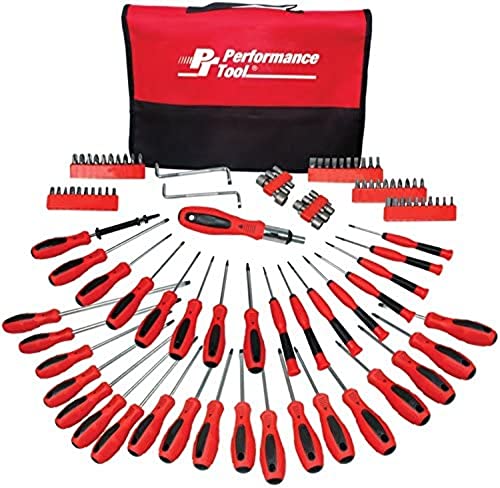 Performance Tool W1721 Screwdriver Set with Chrome Vanadium Blades, Magnetic Tips, and Zippered Organizing Pouch, Red (100-Piece)