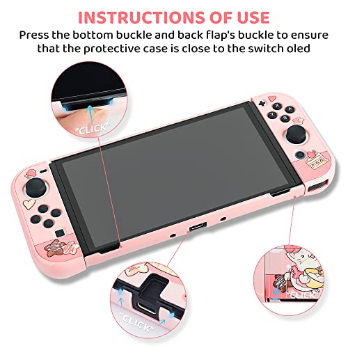 Improved - FANPL Cute Case for Nintendo Switch OLED, Pink PC Protective Cover for Switch OLED Console and Joy Con, Kawaii Skin with Thumb Cap & Screen Protector, Accessory for Girl - Dessert Cat & Dog