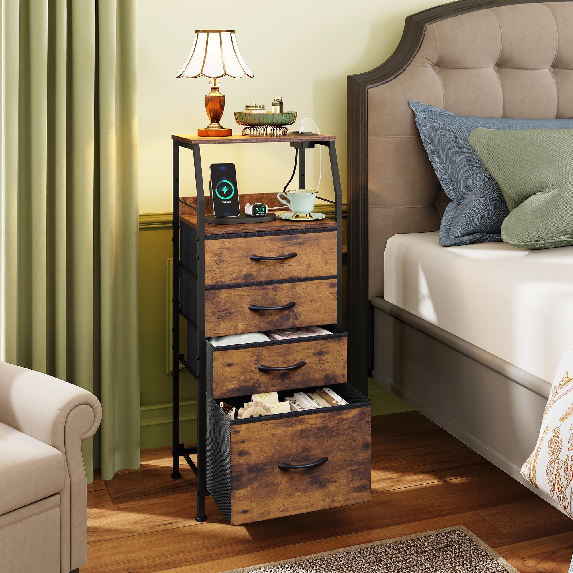 WLIVE 4 Drawer Dresser for Bedroom, Nightstand with Charging Station and Led Light, Tall Night Stand Bed Side Table, End Table with USB Ports and Outlets, Fabric Bins, Wood Shelf, Rustic Brown