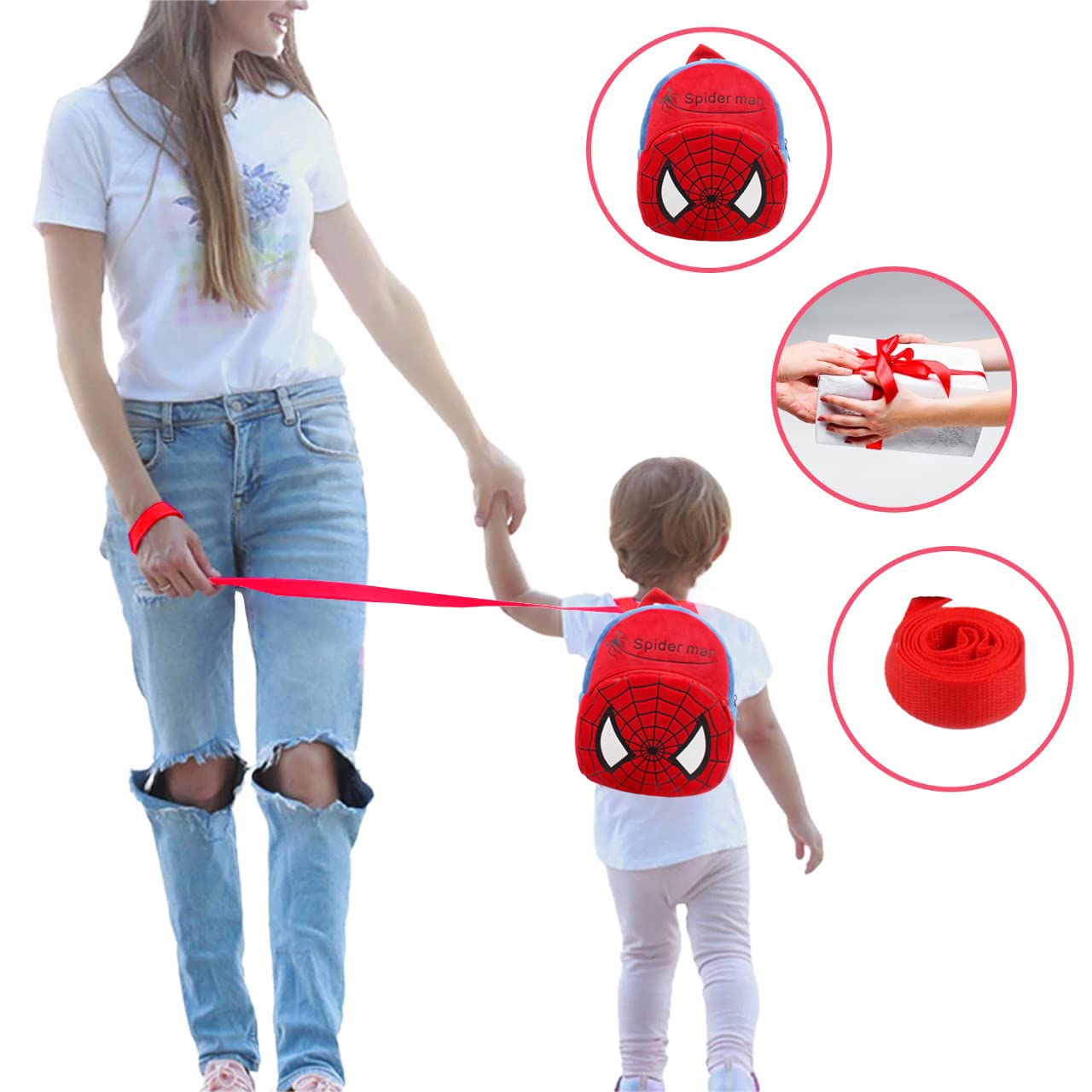 Nonika Children Walking Safety Leash with Compartments for Food, Keys, Phone, Snacks (Red)