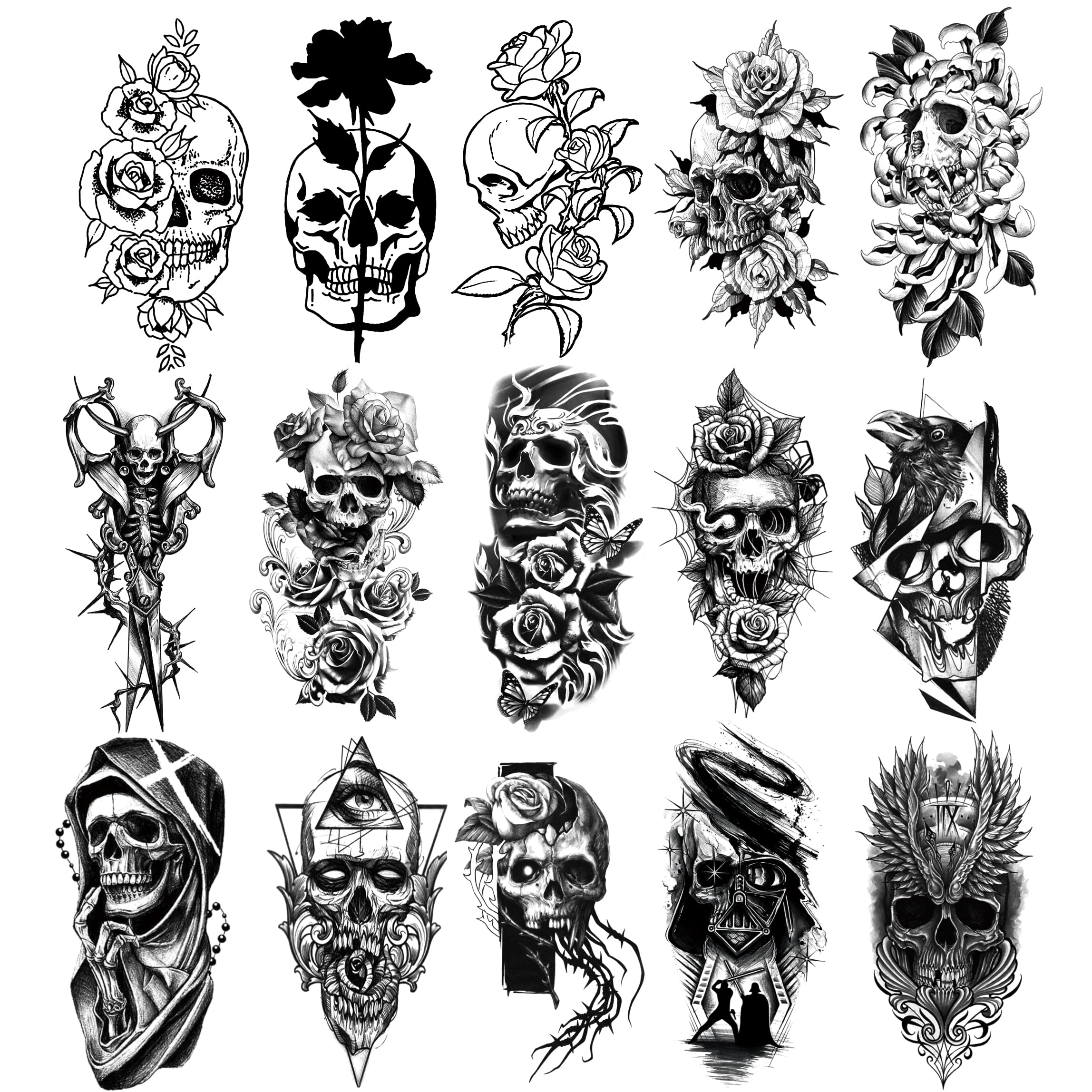 PADOUN Halloween Temporary Tattoo, 15-Sheet Black Skull Rose Flower Tattoos Temporary Realistic, Waterproof Girls Tattoos Temporary for Kids Adult