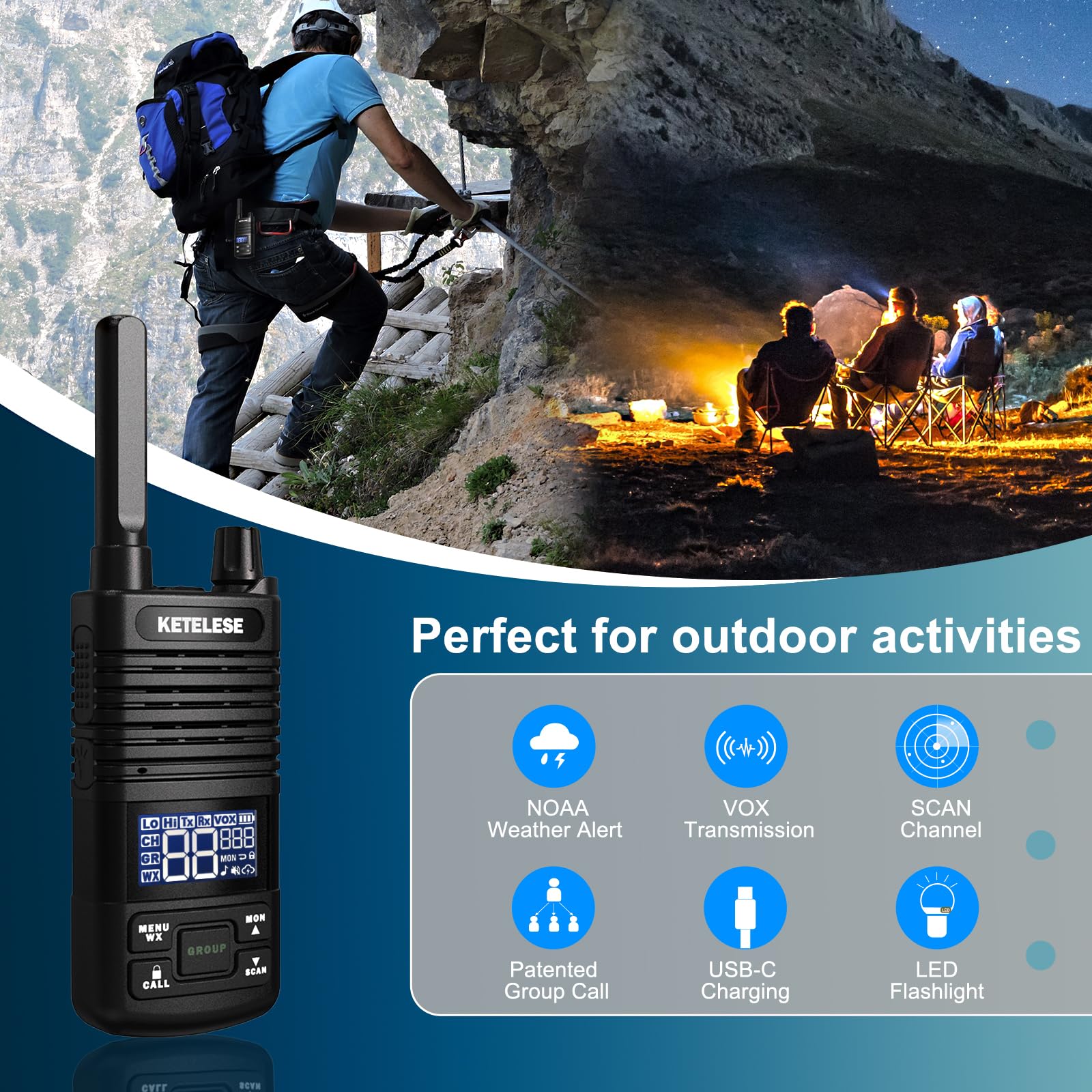 KETELESE T1 Rechargeable Walkie Talkies for Adults Long Range, 22 Channel 2 Way Radios, USB C FRS Walkie-Talkie with Earpiece, NOAA, VOX, Group Call for Hiking, Camping, Hunting (2 Pack), Black