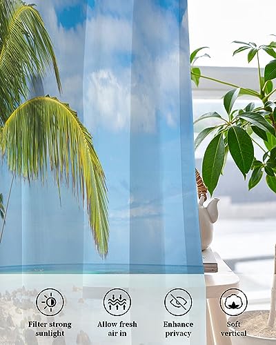 Sheer Curtains 1 Panel,Palm Tree Beach Sea Cloud Blue Sky Island Reef Stone Chiffon Window Treatment Grommet Semi Transparent Drapery for Kitchen Bedroom Decorations,52x96 Inch