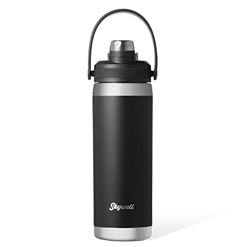 SkyWell 24oz Stainless Steel Water Bottle with 3 in 1 Lid, BPA-Free Leak-Proof Wide Mouth Vacuum-Insulated Water Flask with Straw and Handle Sweat-Proof for Outdoor and Travel, Black