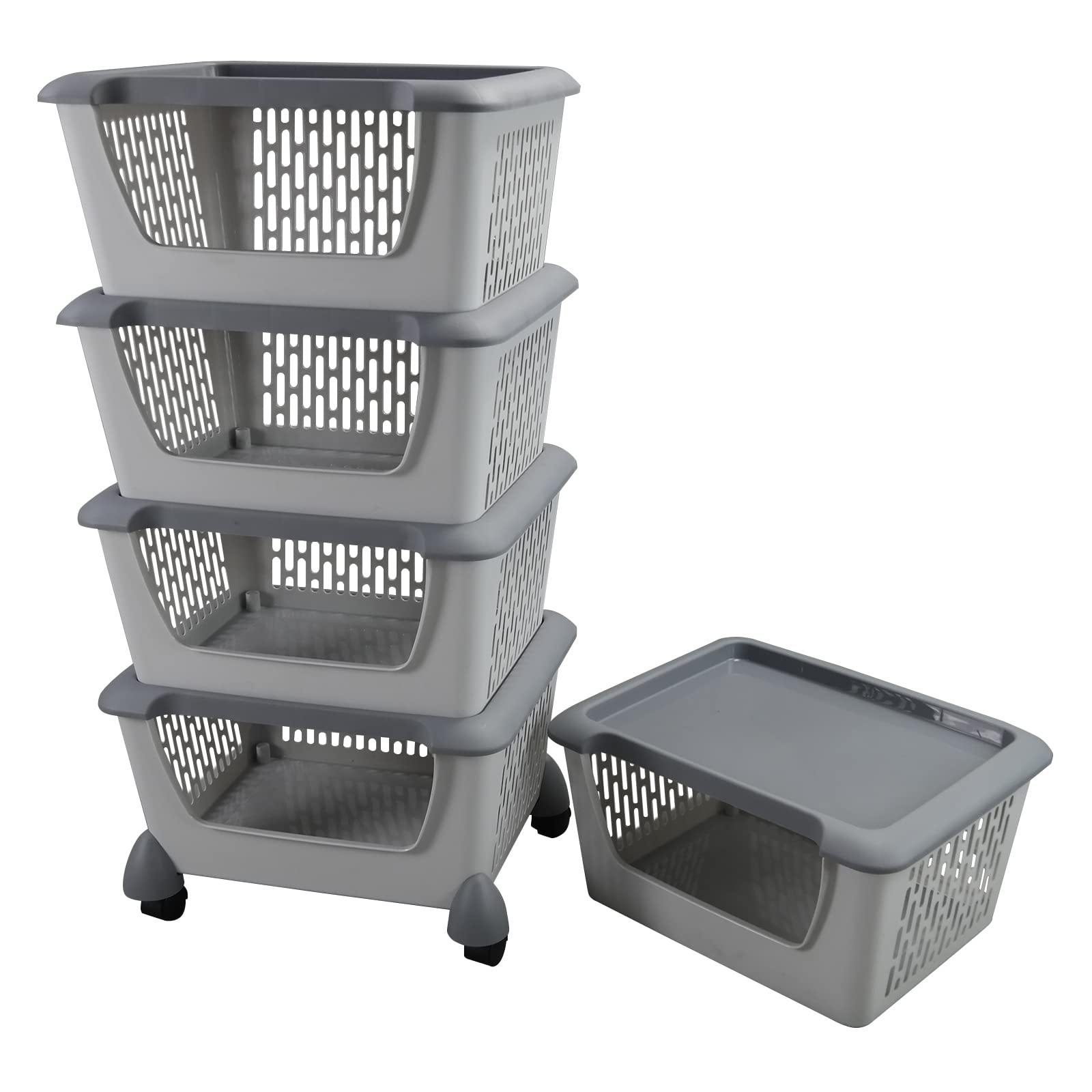 Jandson Grey Plastic Stacking Baskets, Large Stackable Storage Bins, 5 Packs