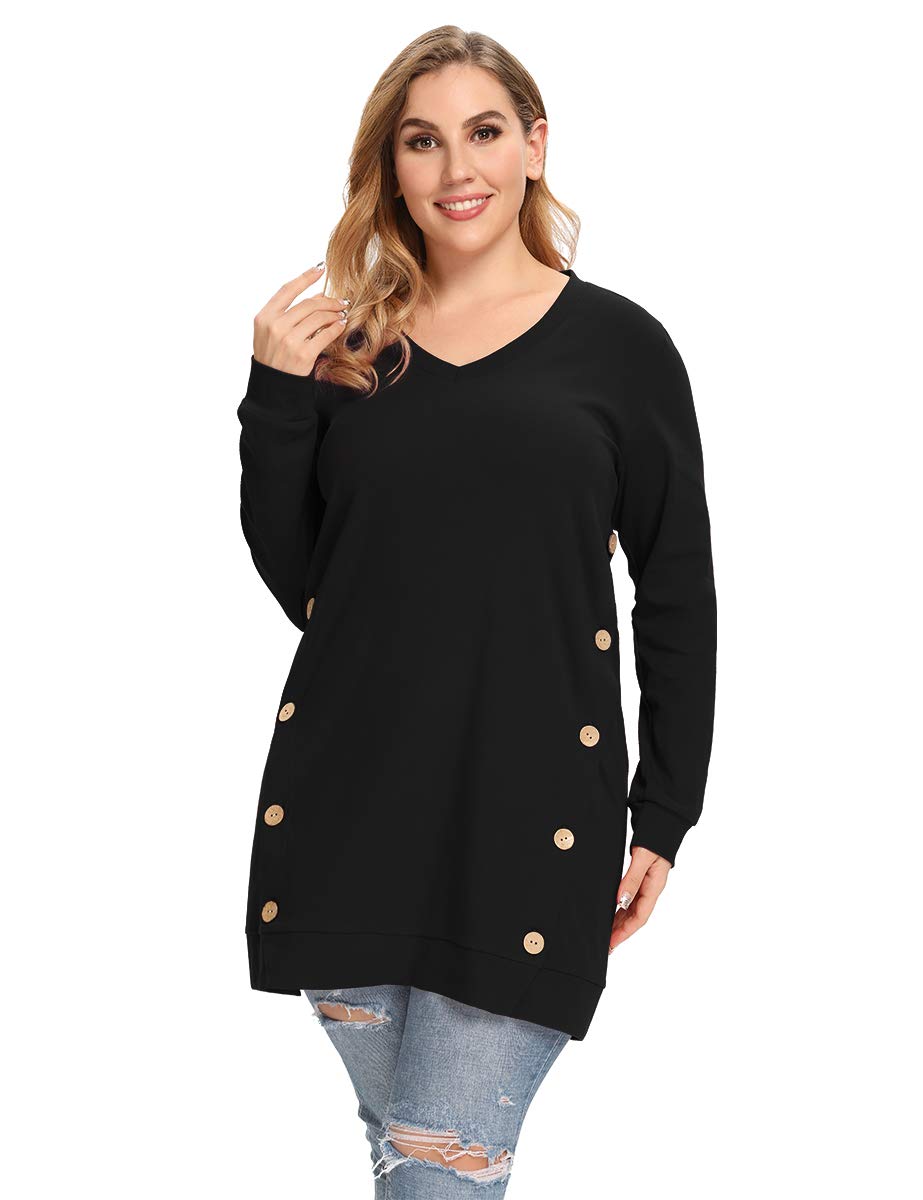 LARACE Plus Size Sweatshirts For Women Tops V-neck Side Split Button Up Shirts Long Sleeve Lightweight T-shirts(Black M)