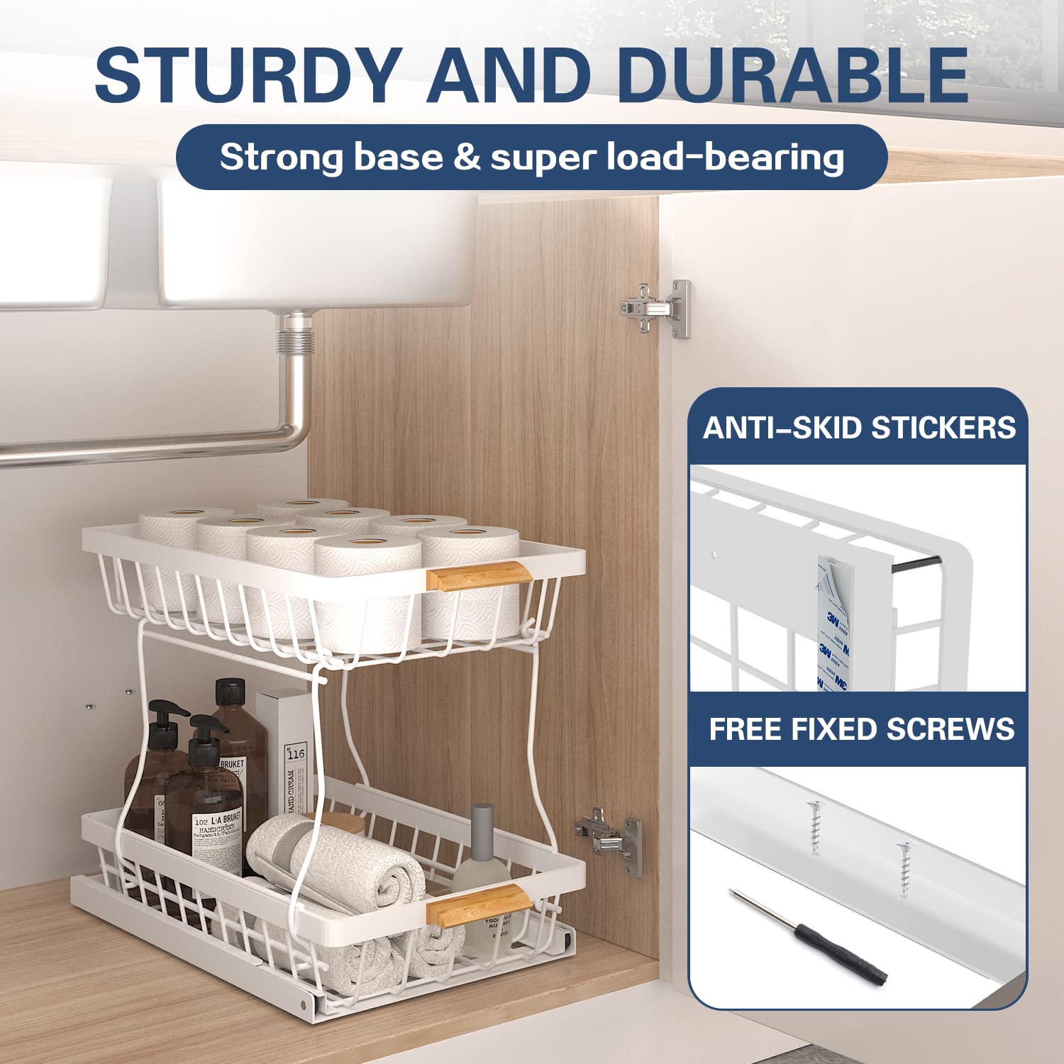 HTOH 2 Tier Under Sink Organizer with Sliding Storage Drawer, Pull Out Cabinet Organizer, Multi-purpose Slide-Out Storgae Basket with Handles for Kitchen, Bathroom