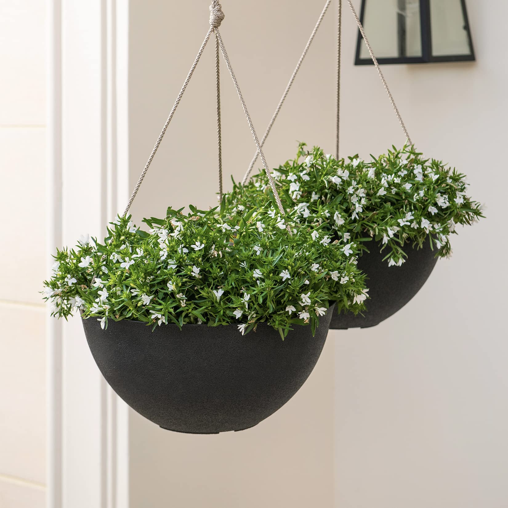 LA JOLIE MUSE Hanging Planters for Outdoor Plants, Large Hanging Planter with Drain Holes, Black Hanging Flower Pots (13.2 Inch, Set of 2)