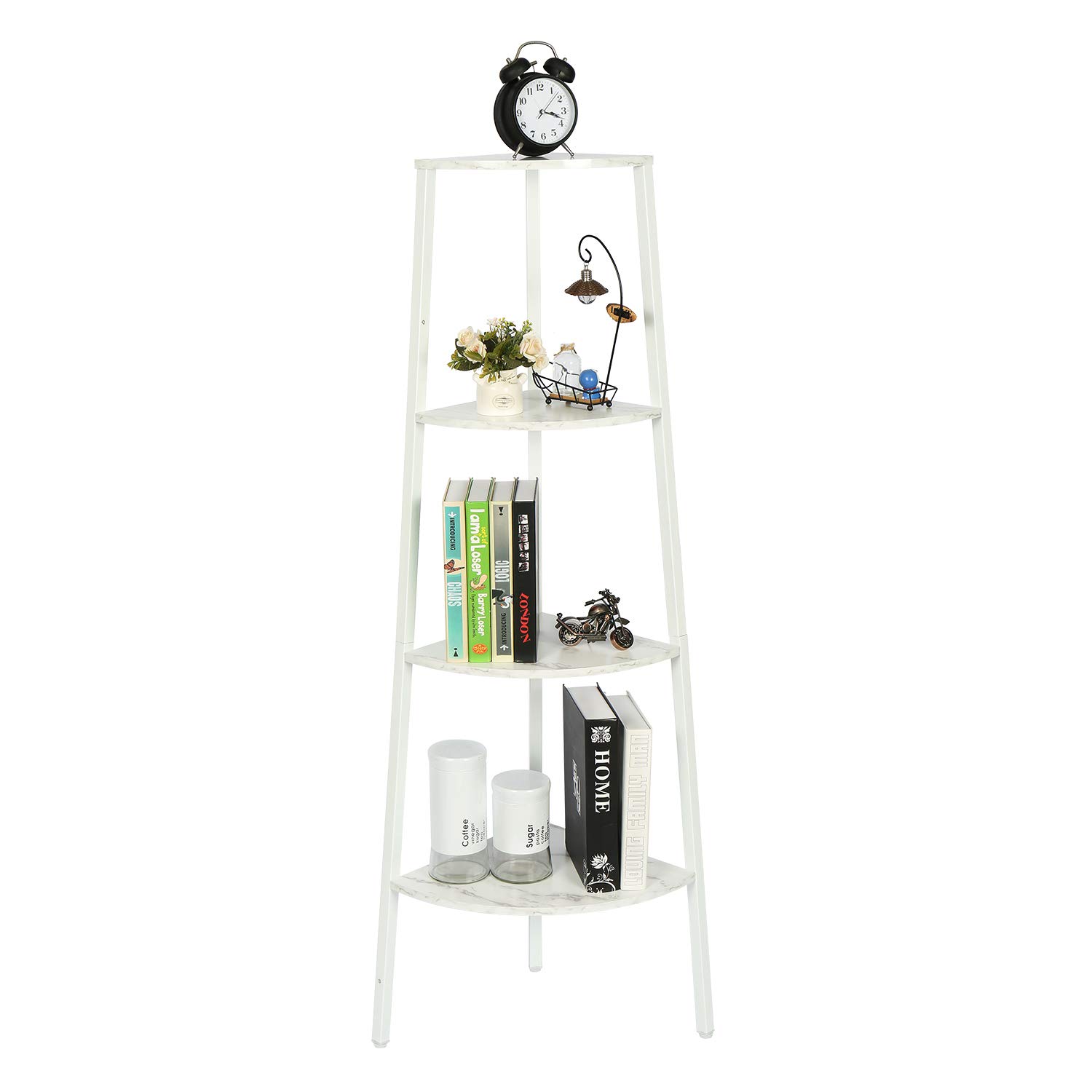 HOME BI 5 Tier Bookshelf Wooden Bookcase, Multifunctional S-Shaped Freestanding Display Shelf Storage Shelving, Modern 5-Tier Wood Cube Book Shelf Organizer with Metal Frame (White, 4 -Tier)