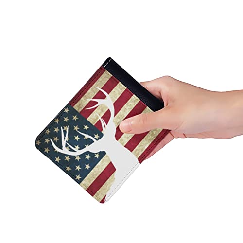 LedBack American Flag Deer Print Men's PU Leather Bifold Wallet Card Case Holder Money Organizers
