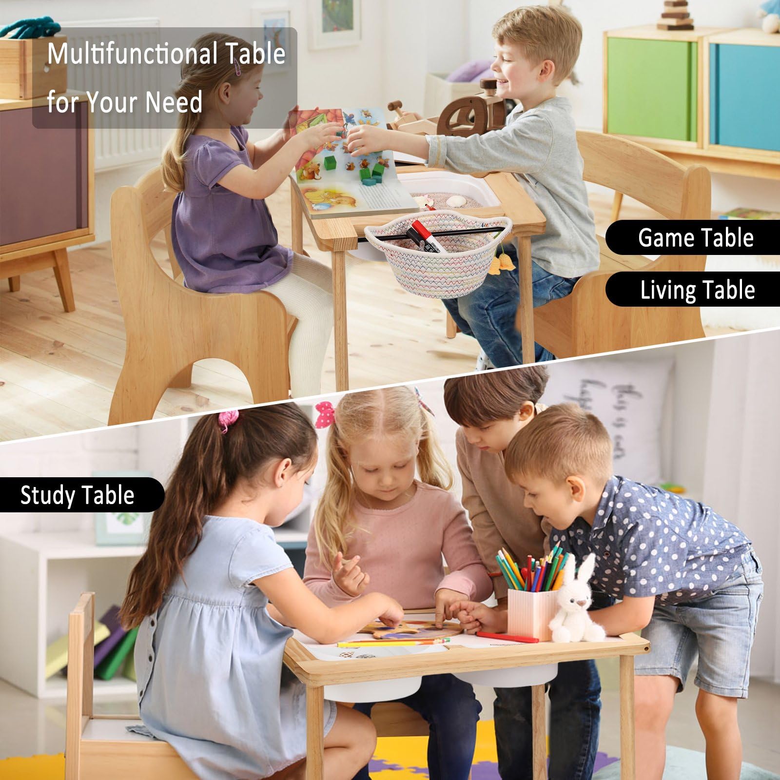 WOFDALY Sensory Table,Wooden Toddler Sensory Table with 2 Storage Bins and Writable Lids,Indoor/Outdoor Kids Play Drawing Table,Play Sand Table for 1-3/3-5, Yellow