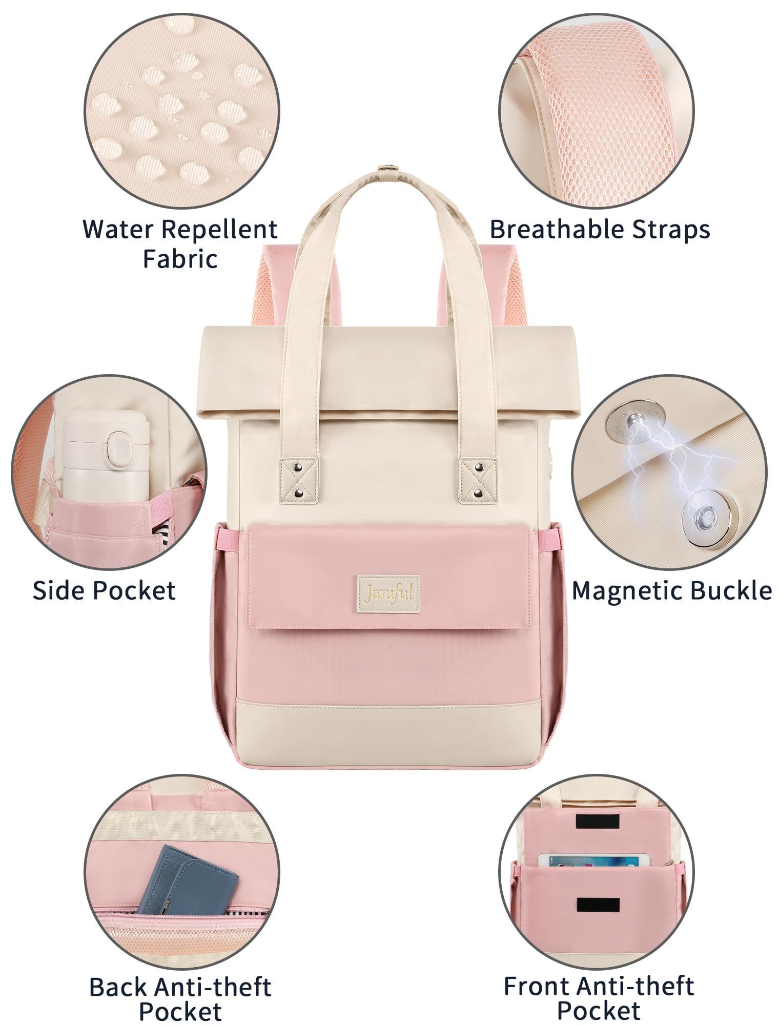 Janiful Convertible Backpack Tote,Work backpack for Women,Teacher Nurse Tote Backpack with USB Charging Port,Anti Theft for Travel Airline,Wide Top Open Bookbag fits 15.6 Inch Laptop