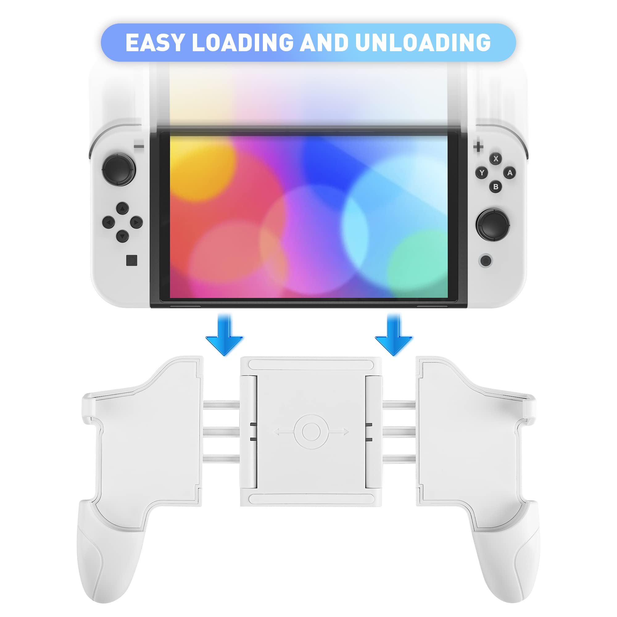 LASTYAL Adjustable Handle Grip for Nintendo Switch OLED Model and Switch Standard Edition with 2 Game Card Slots Holder Design, Ergonomic Foldable Grip for Switch Lite with 8 Thumb Grip Caps
